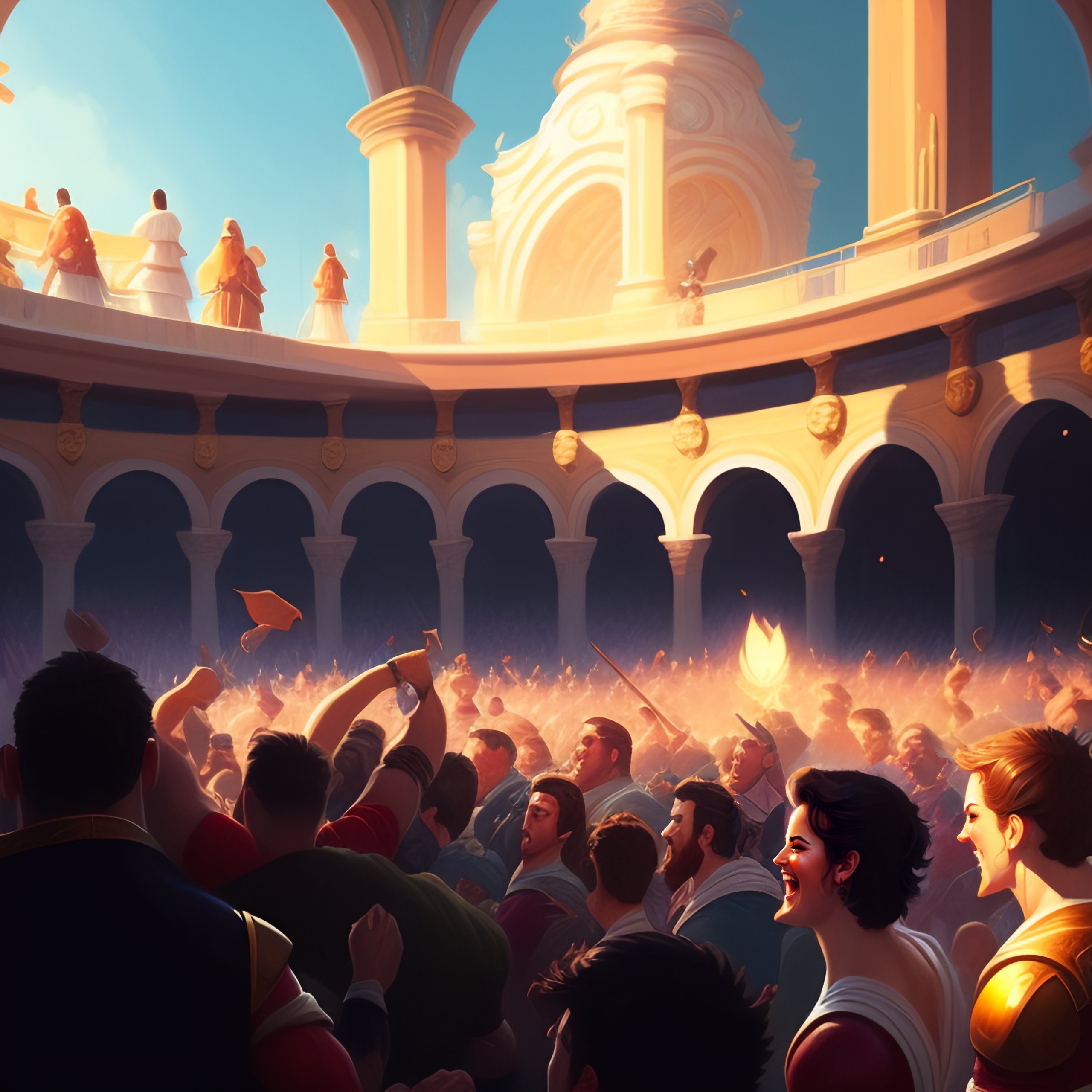 Lexica - Drunken cheering crowd in coliseum, low angle, medieval, high ...