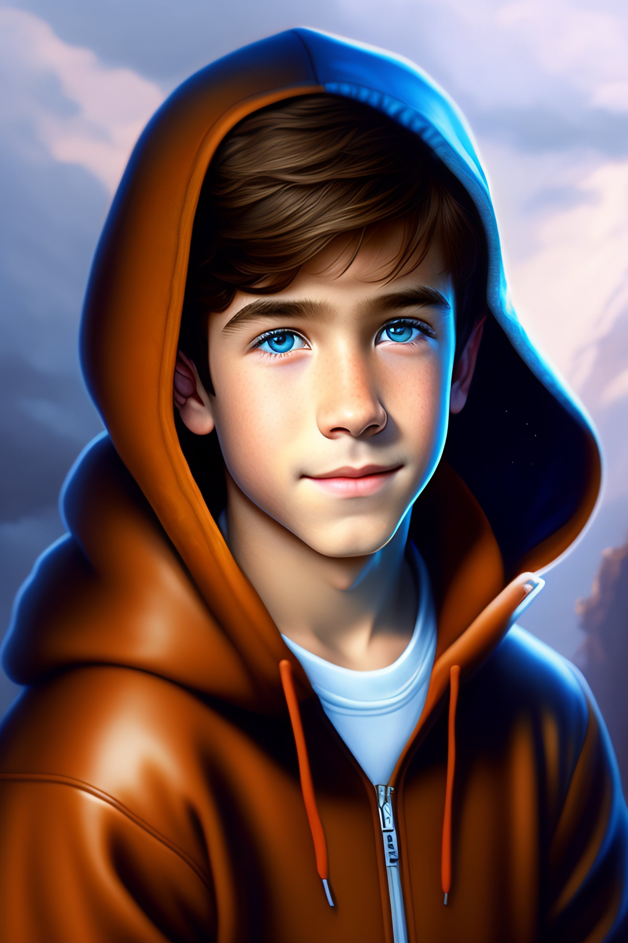 Lexica - Young boy with short brown hair and big blue eyes, wearing ...