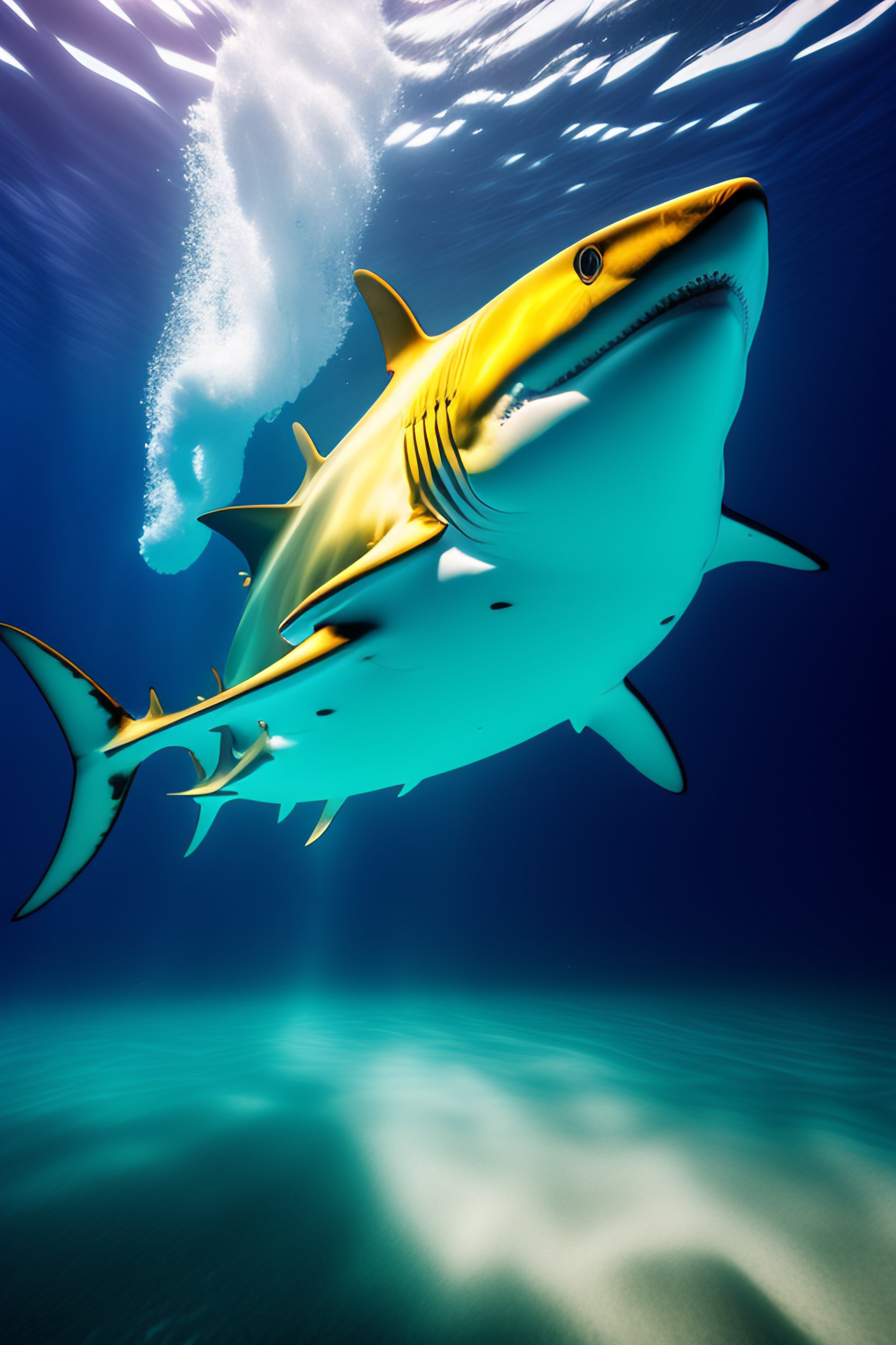 Lexica - A golden white agressive shark, swiming under ice, volumique ...