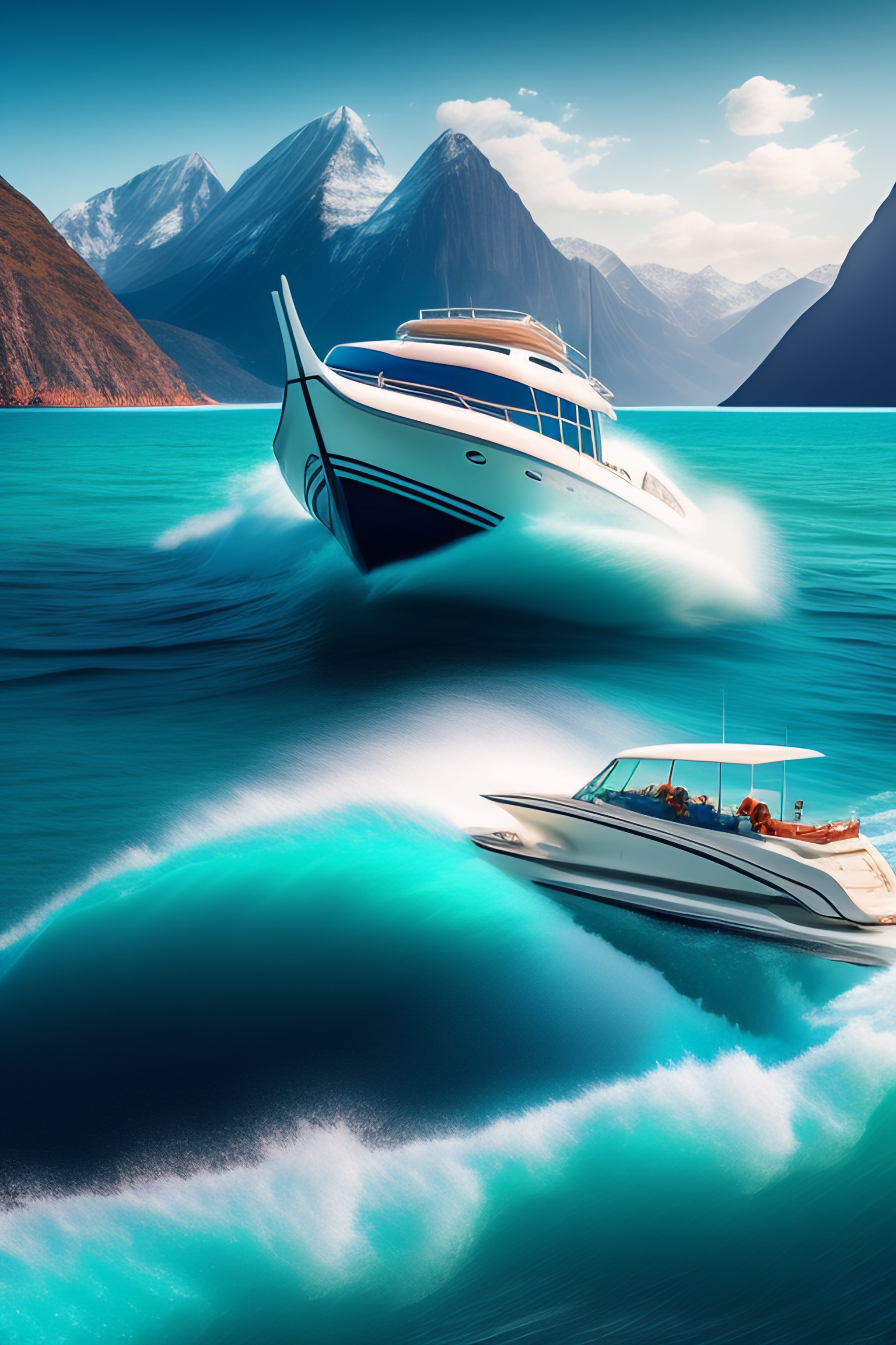 Lexica - Speedboat with dogface with an airplane in the background and ...