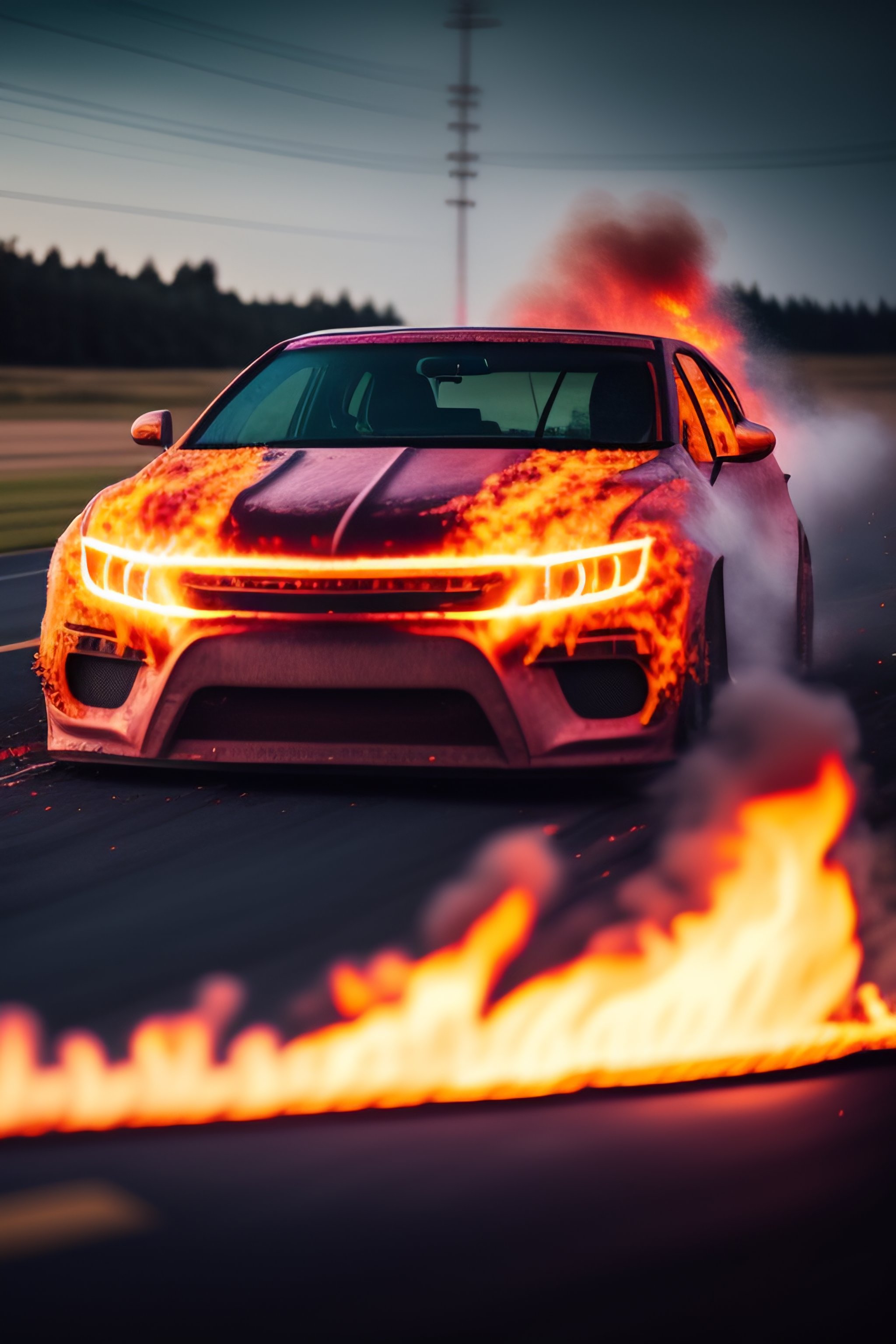 Lexica - A still of a destroyed car on fire, slow motion flames