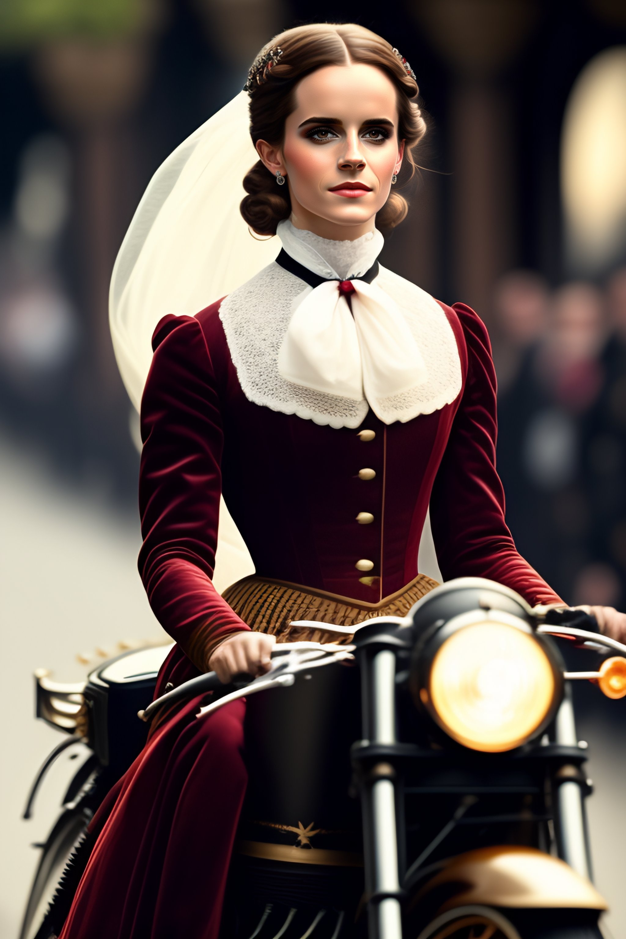Lexica - Emma Watson as a Victorian lady riding a motorcycle