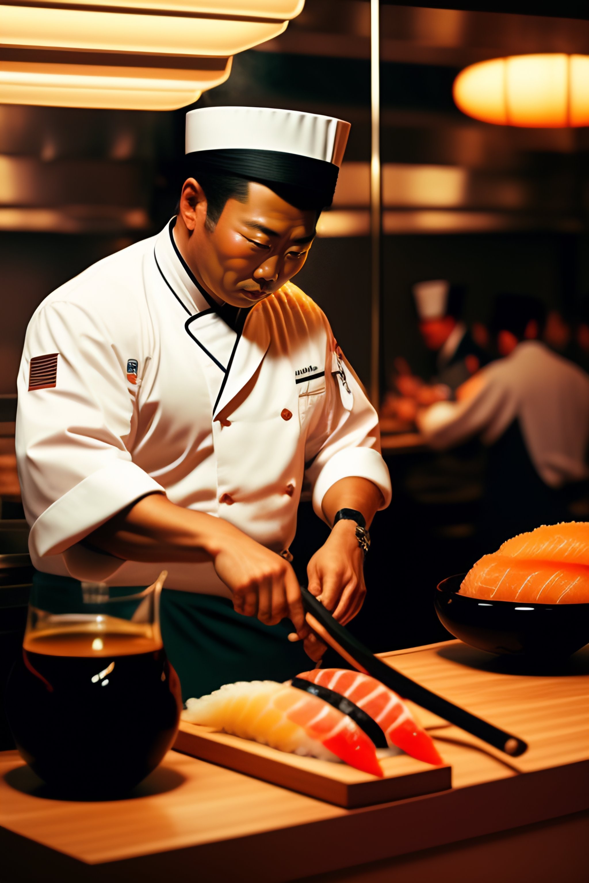 Lexica - "Stressed Sushi Chef busy at work" by Syd Mead, muted color ...