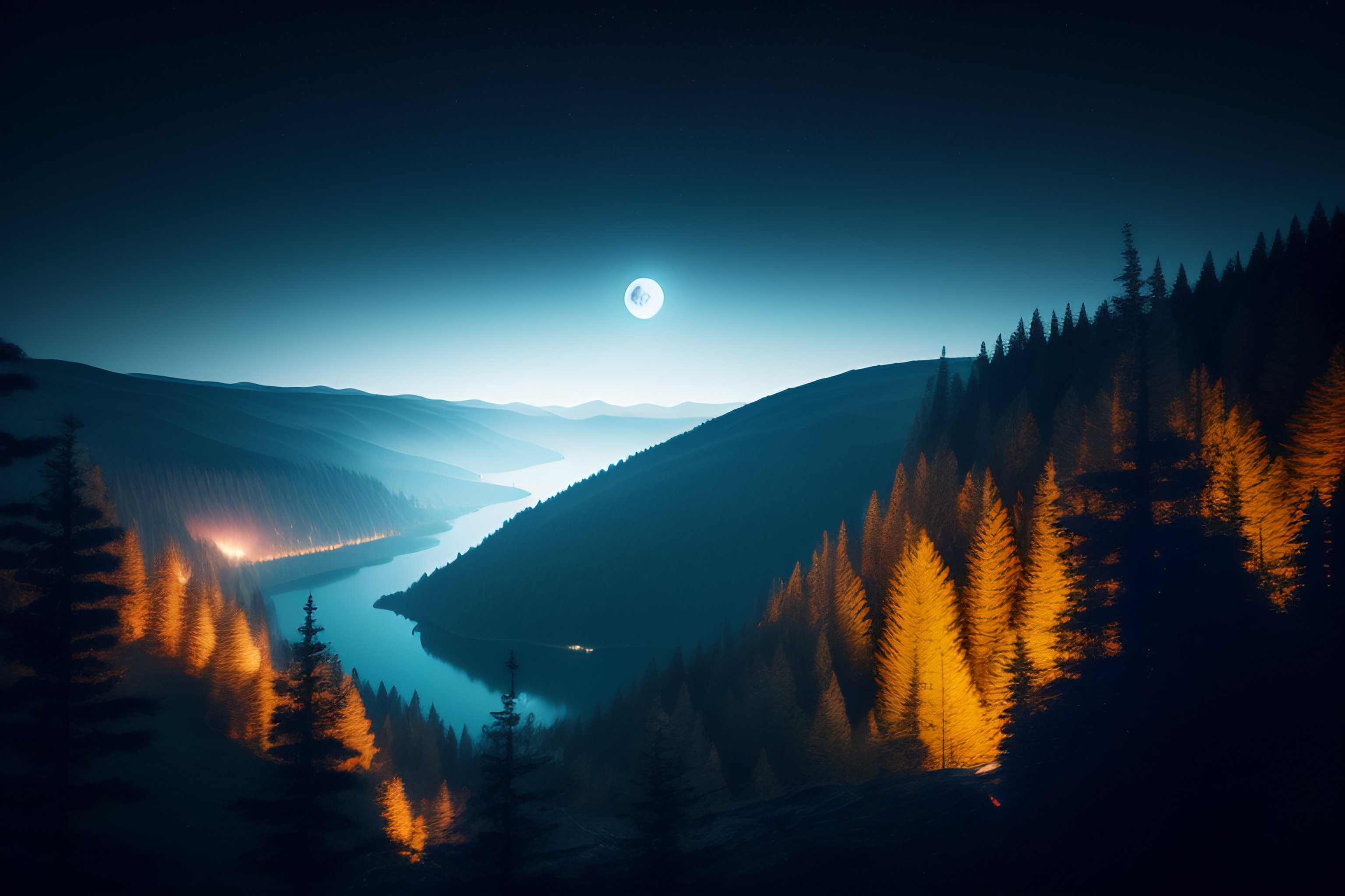 Lexica - Image of a forest looking down from a cliff, night, moonlit ...