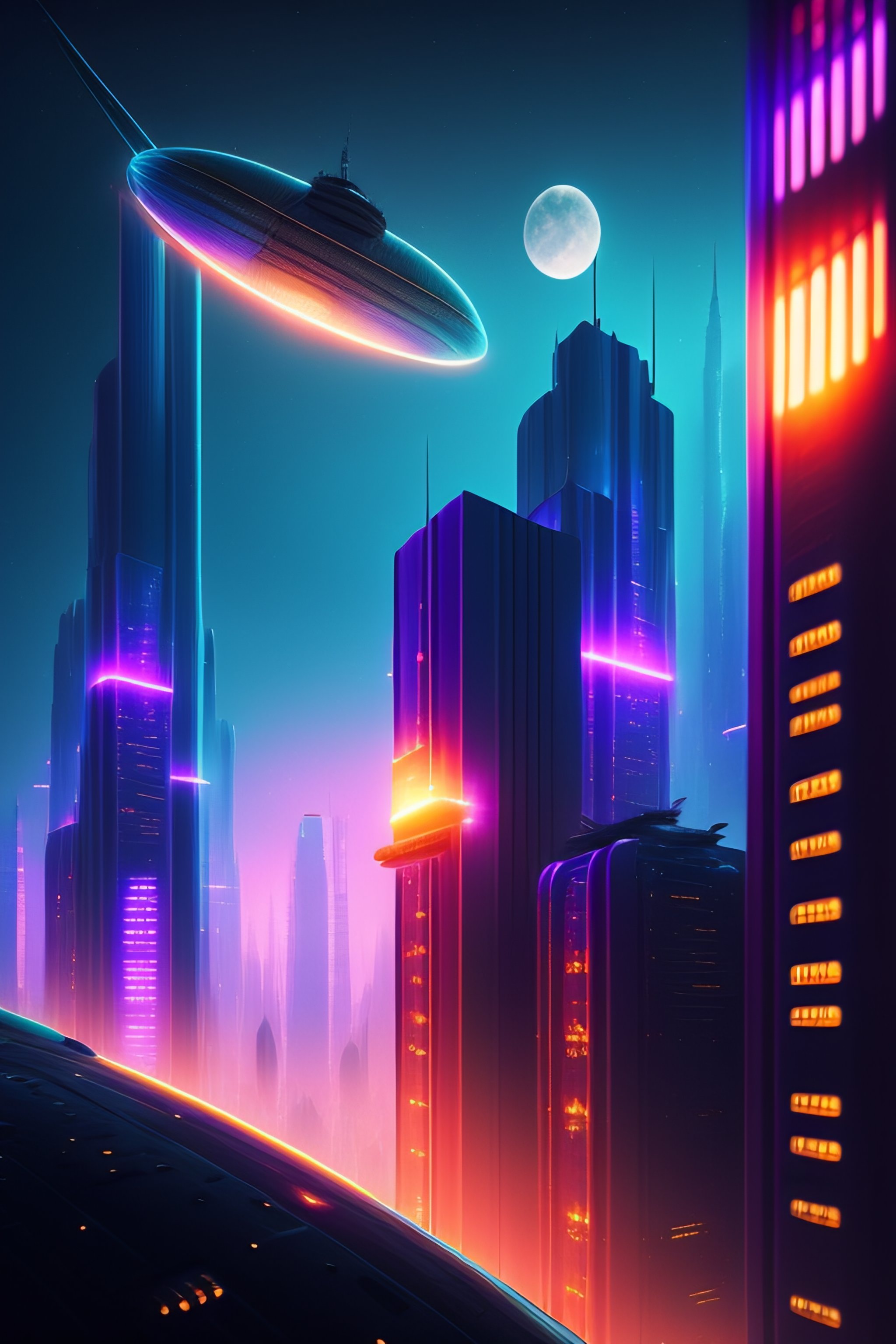 Lexica - Cyberpunk city with spacecraft flying in the night sky