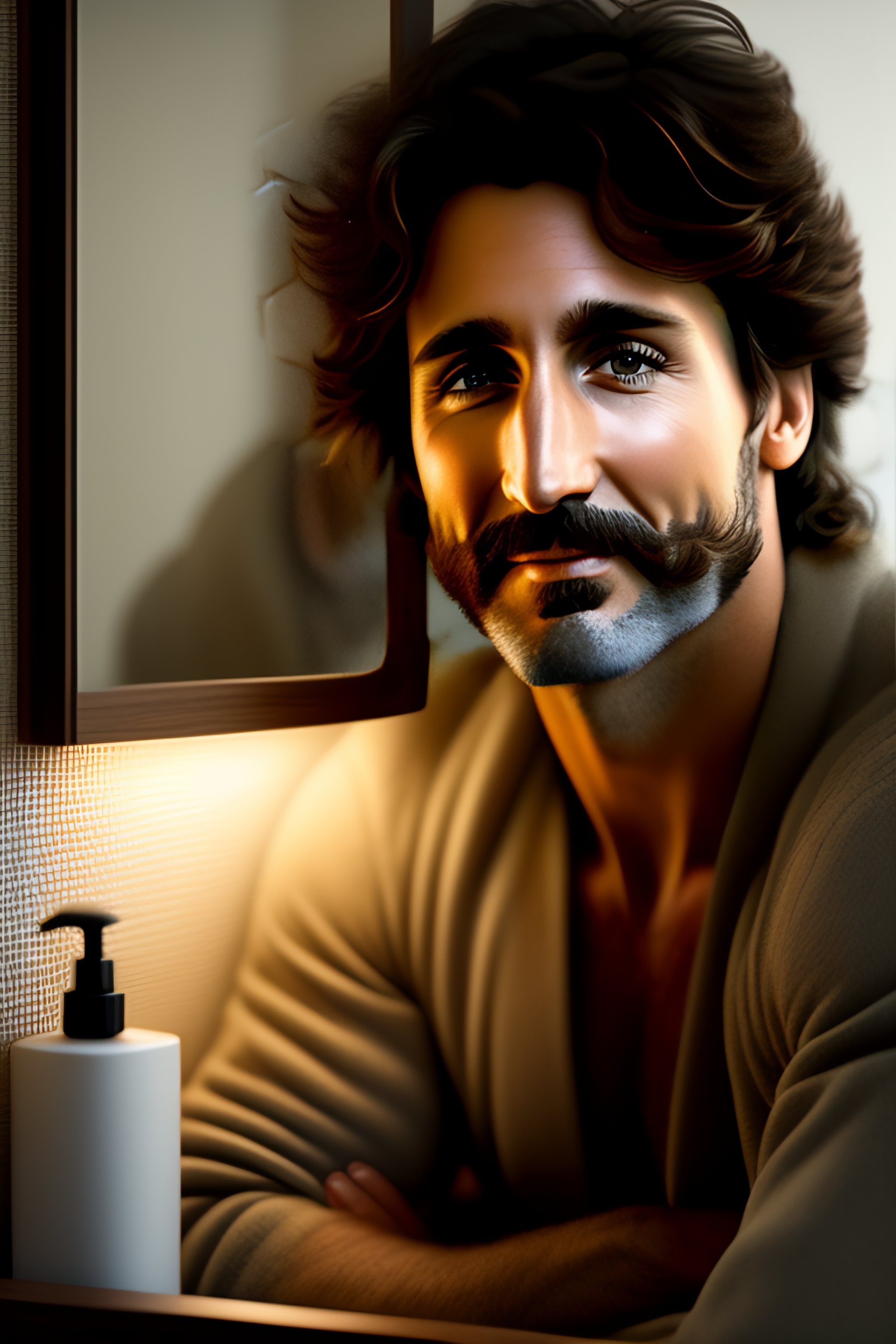 Lexica - An exhausted hairy justin trudeau in his tiled bathroom, key ...