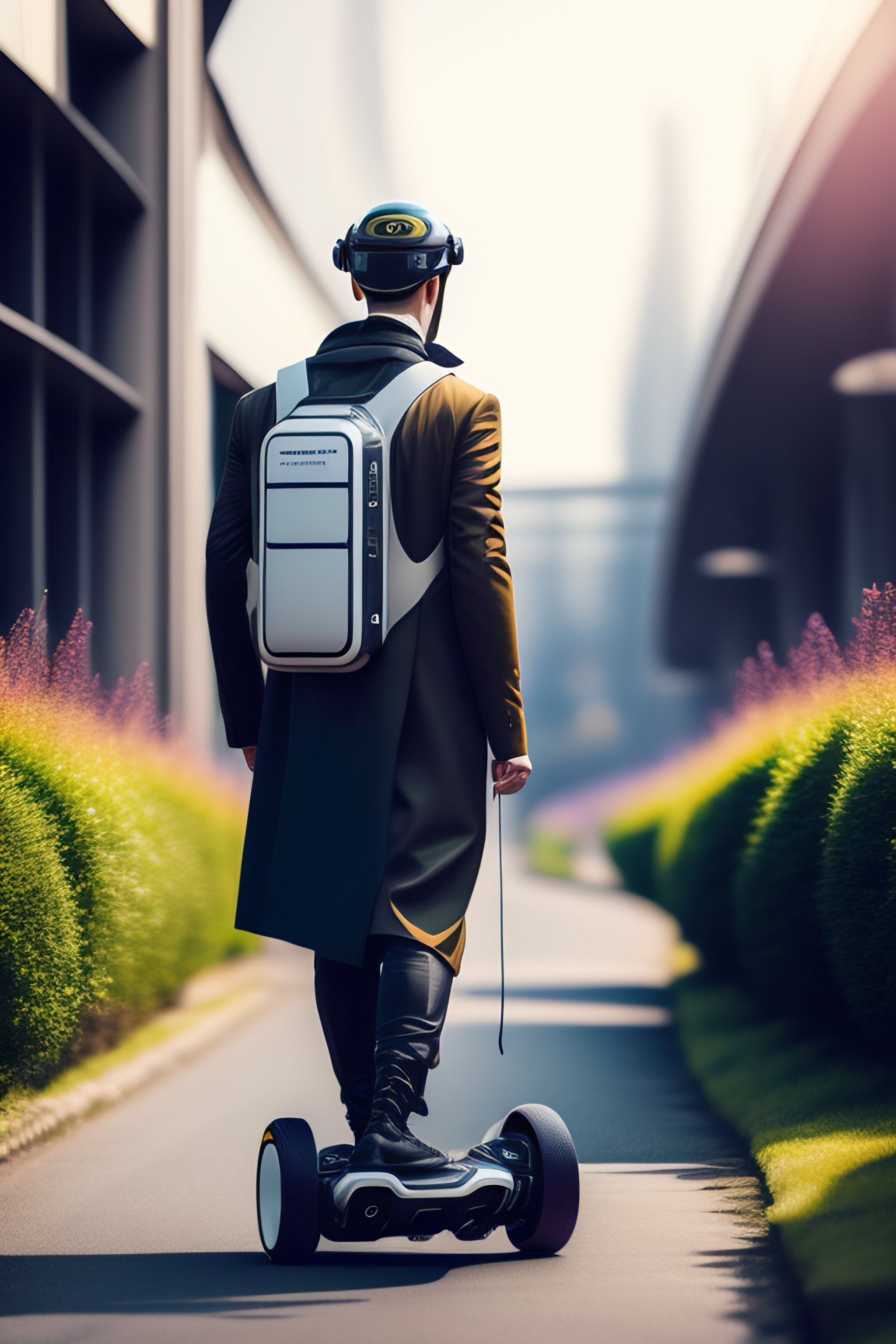 Lexica - Man dress in solarpunk attire commuting on a hoverboard with ...