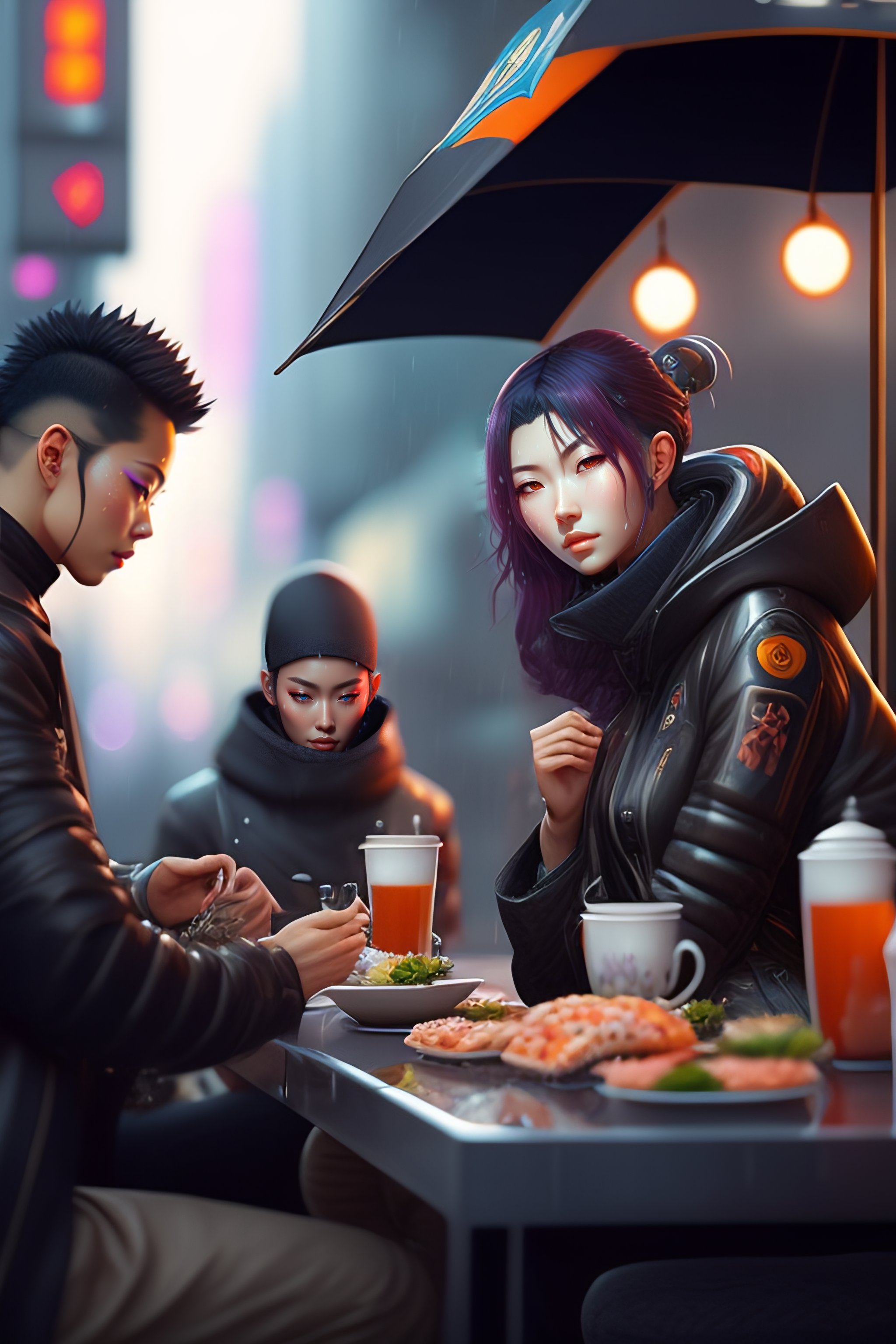 Lexica - A group of cyberpunk cyborg eating sushi on a table outside in ...