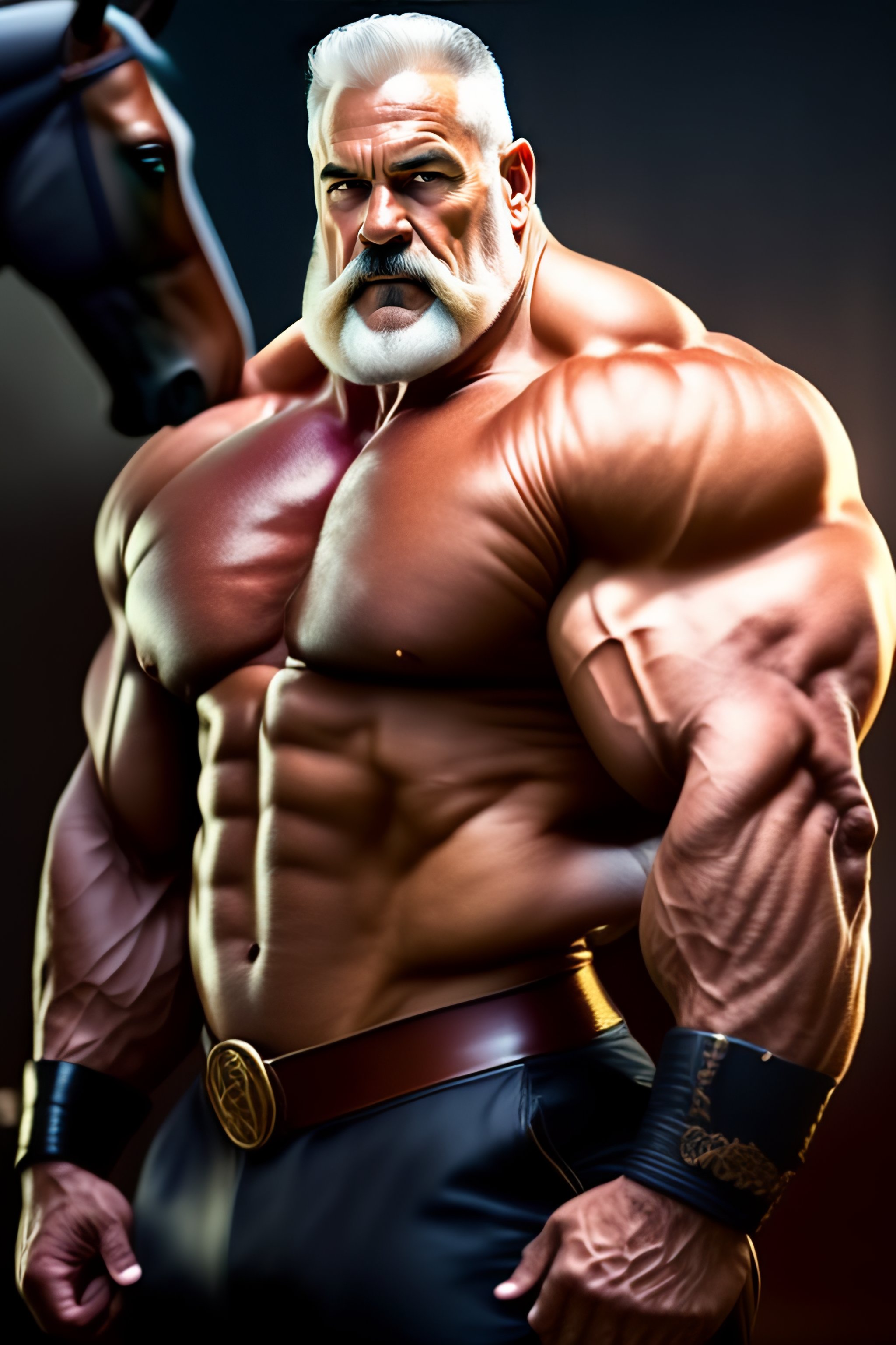 Lexica - Old man, muscle, bodybuilder, paladin, fantasy, with horse