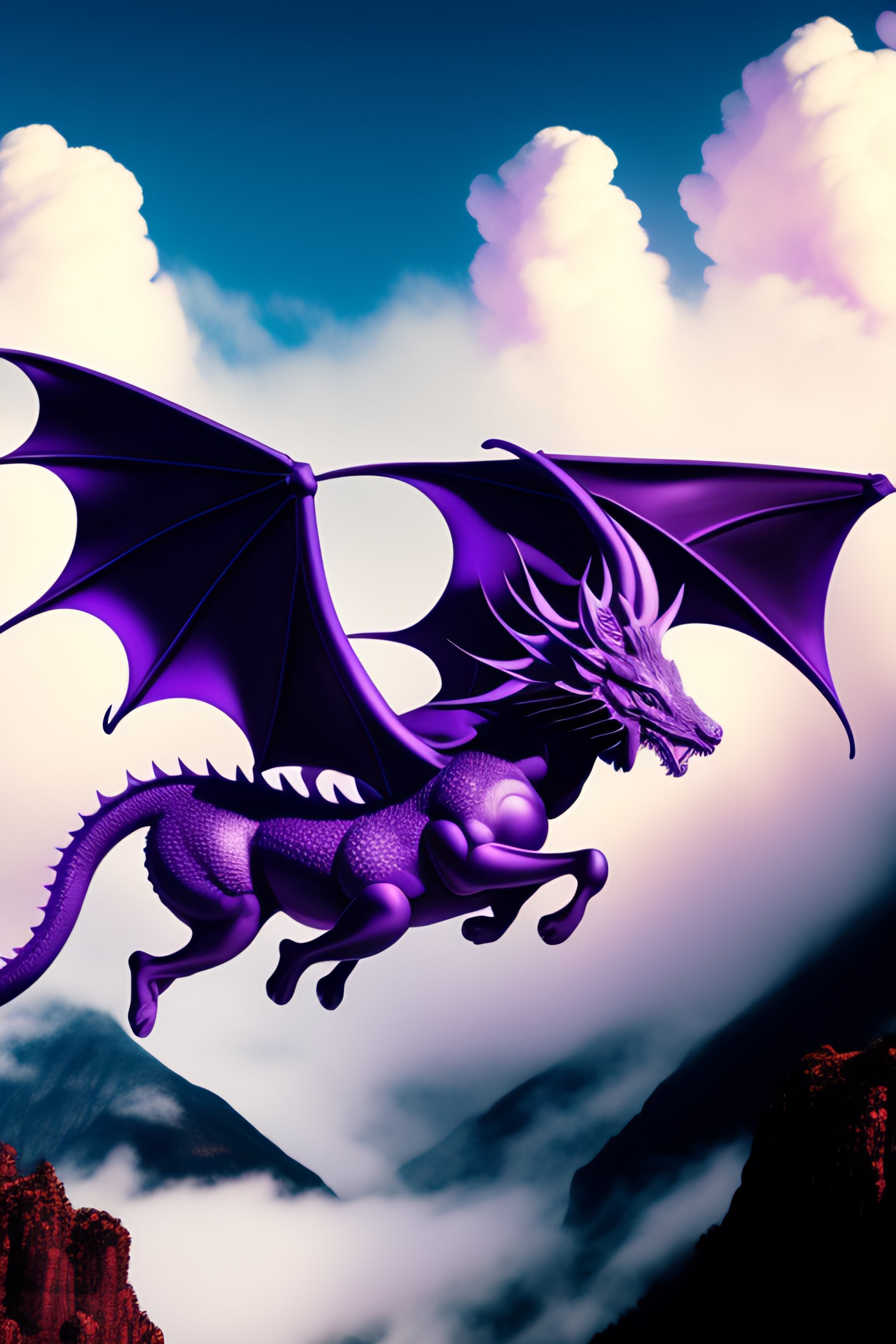 Lexica - Purple dragon soars in the clouds over the mountains by by ...