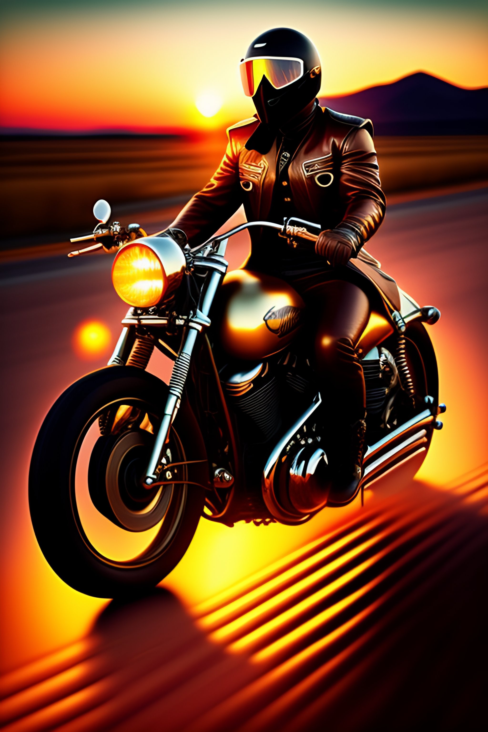 Lexica - Steam punk motorcycle, old rider, sunset, highway