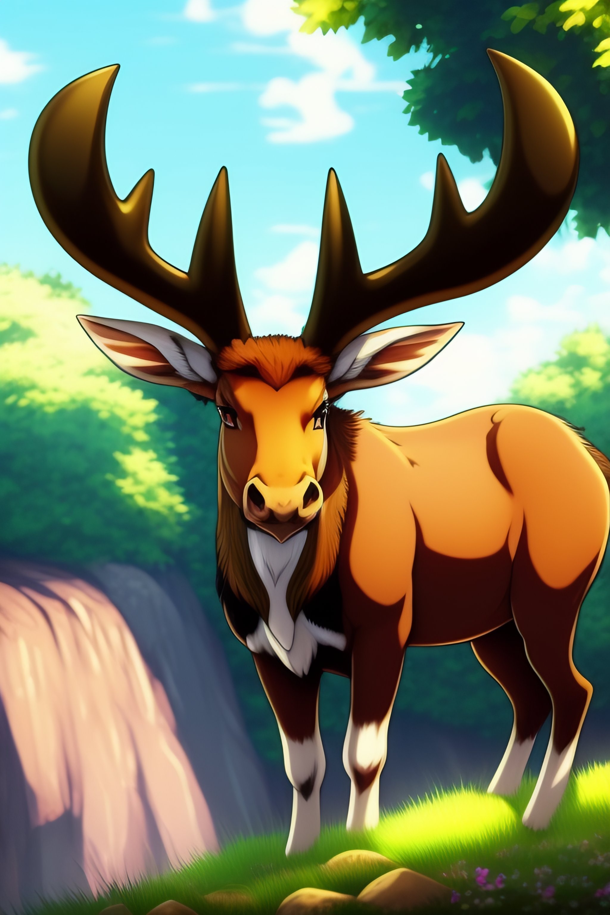 Lexica - Anime illustration of a Pokemon Green Moose with Large Horns