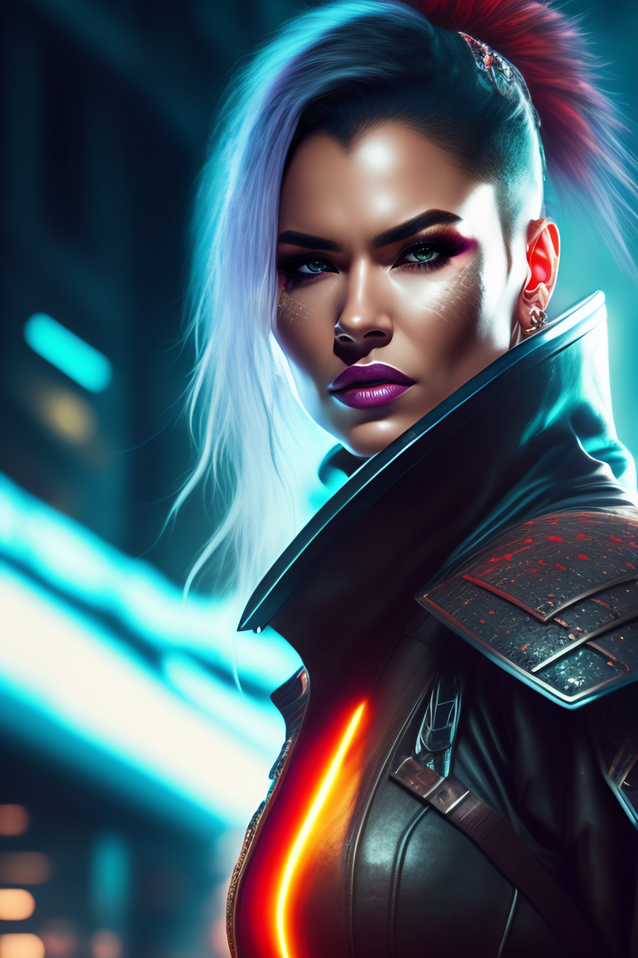 Lexica - A woman cyberpunk warrior with an attacking giant wolf, bloody ...