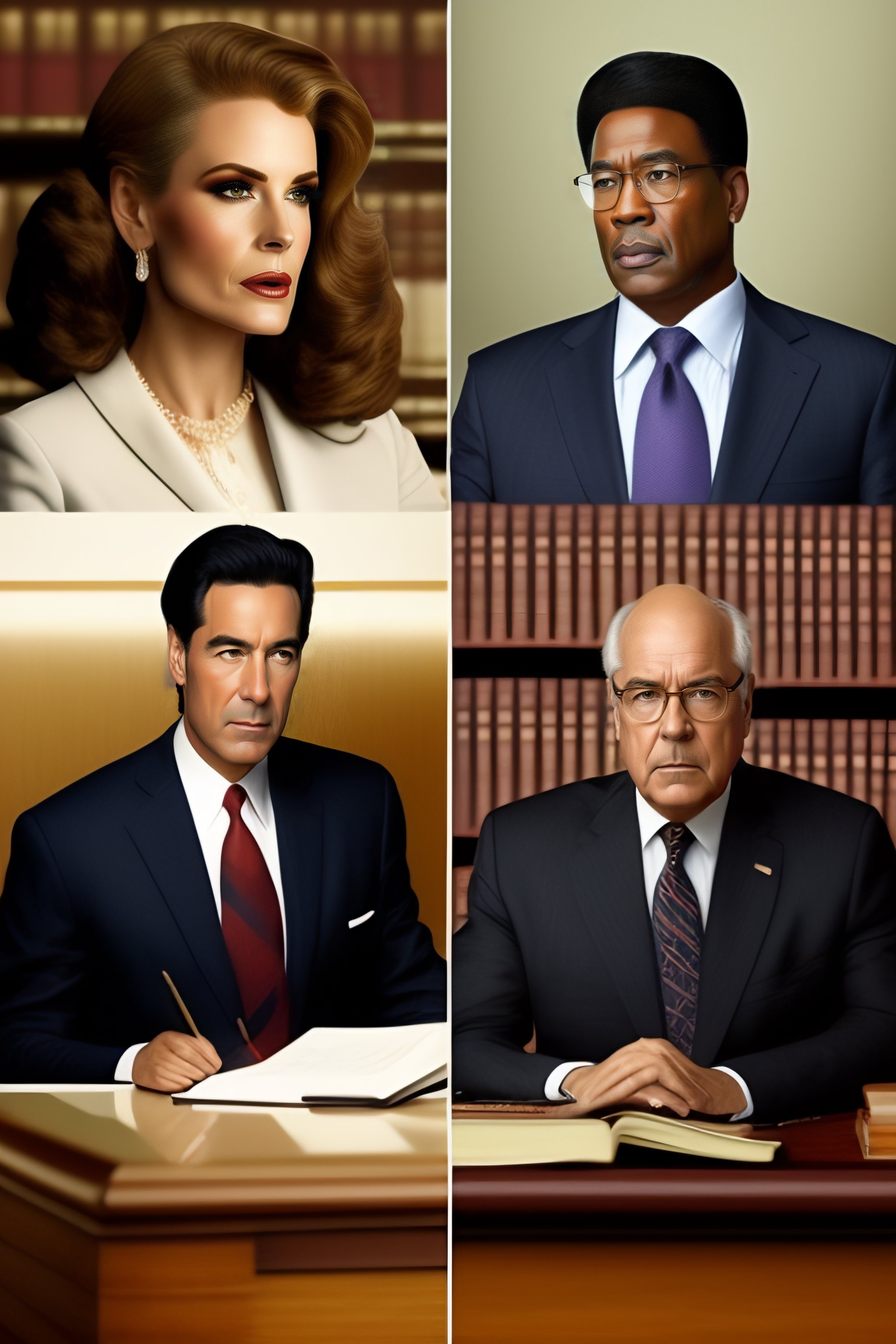 Lexica - Iconic lawyer characters in a library. funny. realistic.