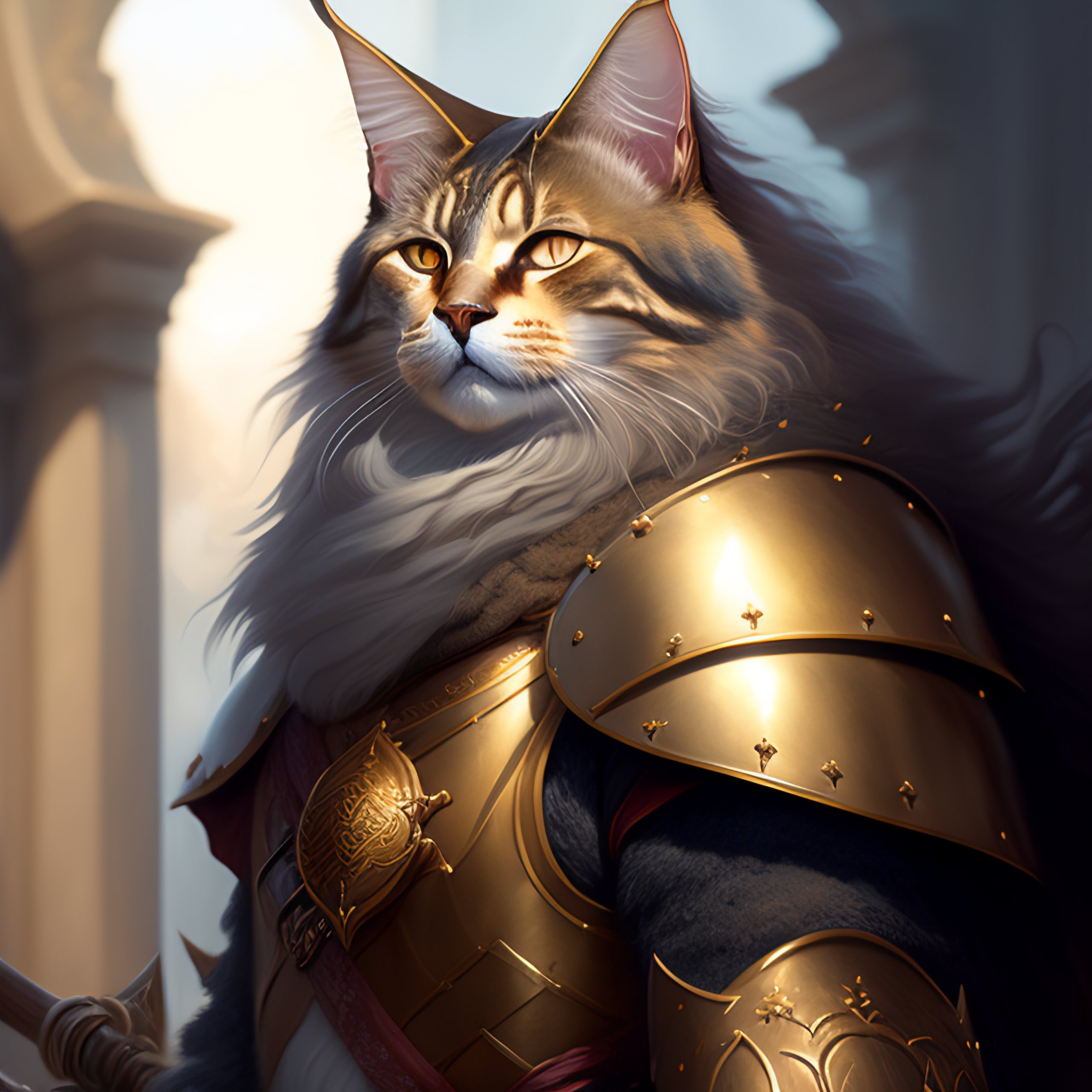 Lexica - A detailed portrait of mainecoon cat in armor with long magic ...
