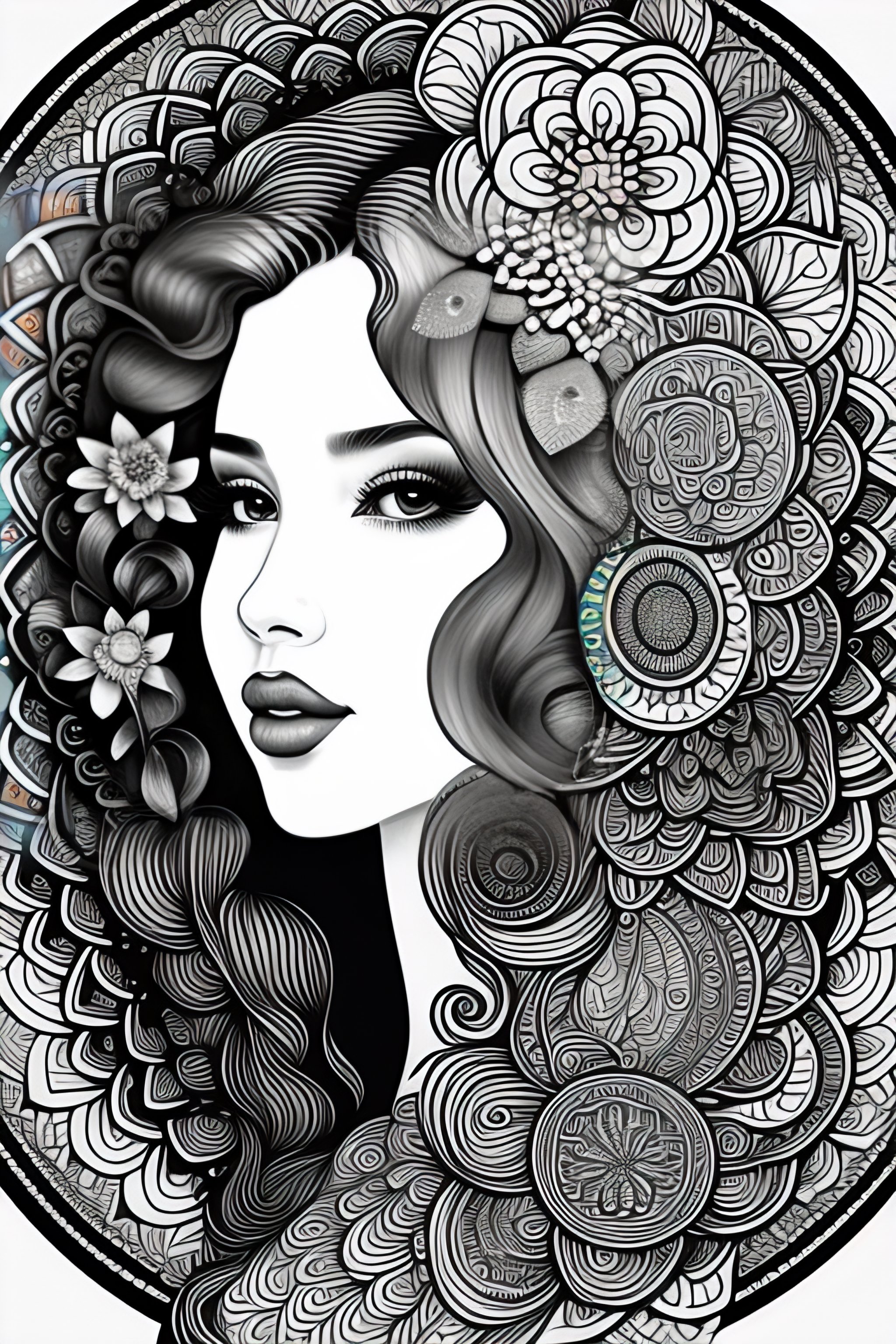 Lexica - A coloring book image mandala style of a curly hair girl with ...