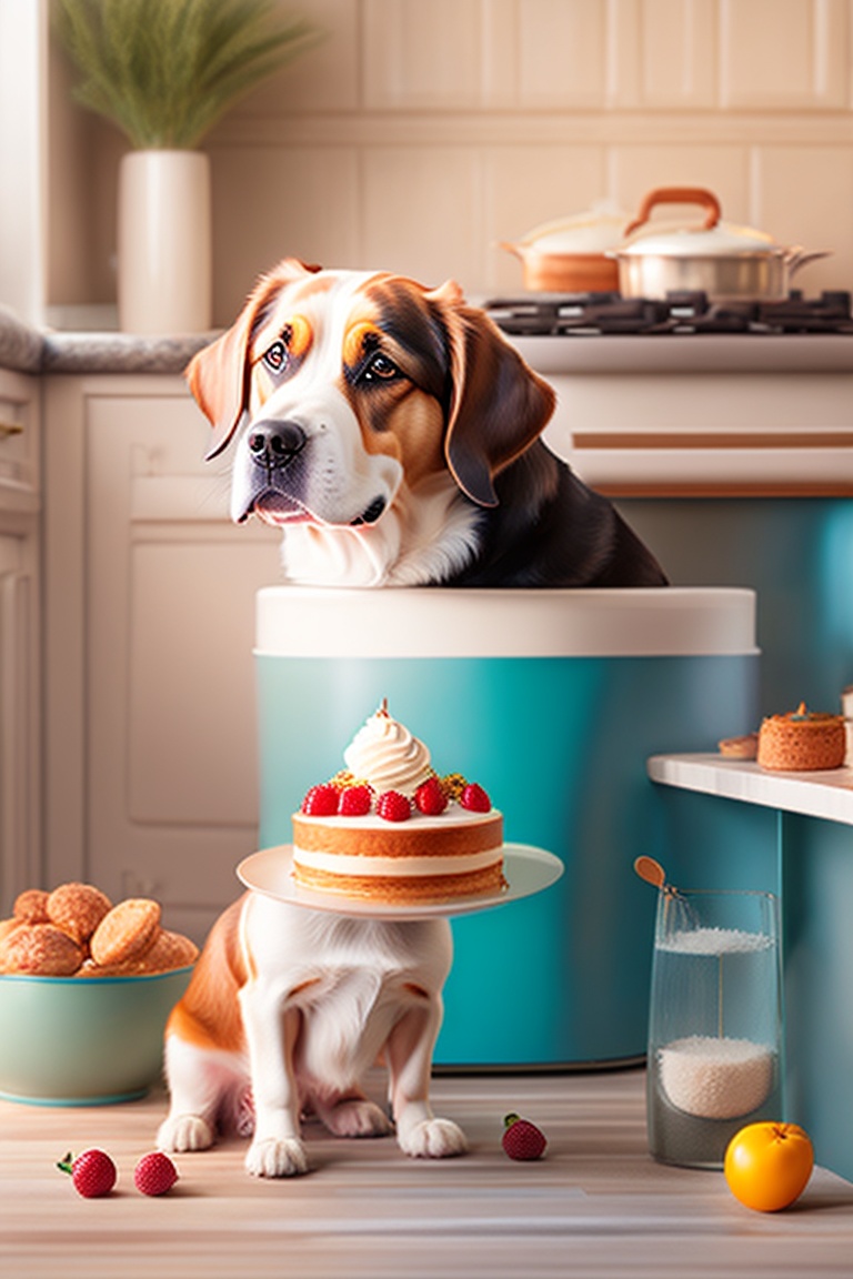 Lexica - A cute dog baking a cake in a sunny kitchen, photograpy
