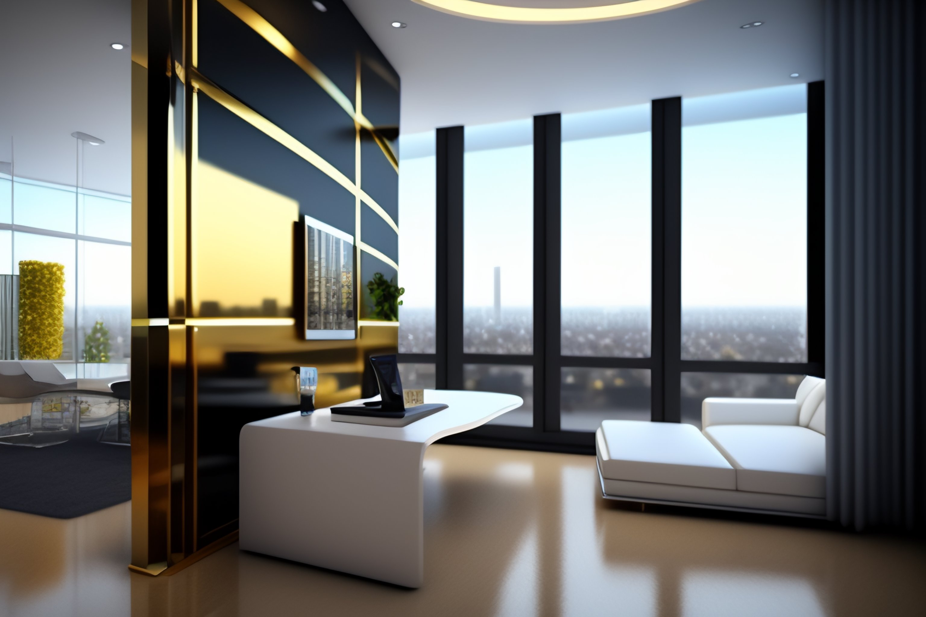 Lexica - Office, desk, white room, gold picture frames, floor to ...