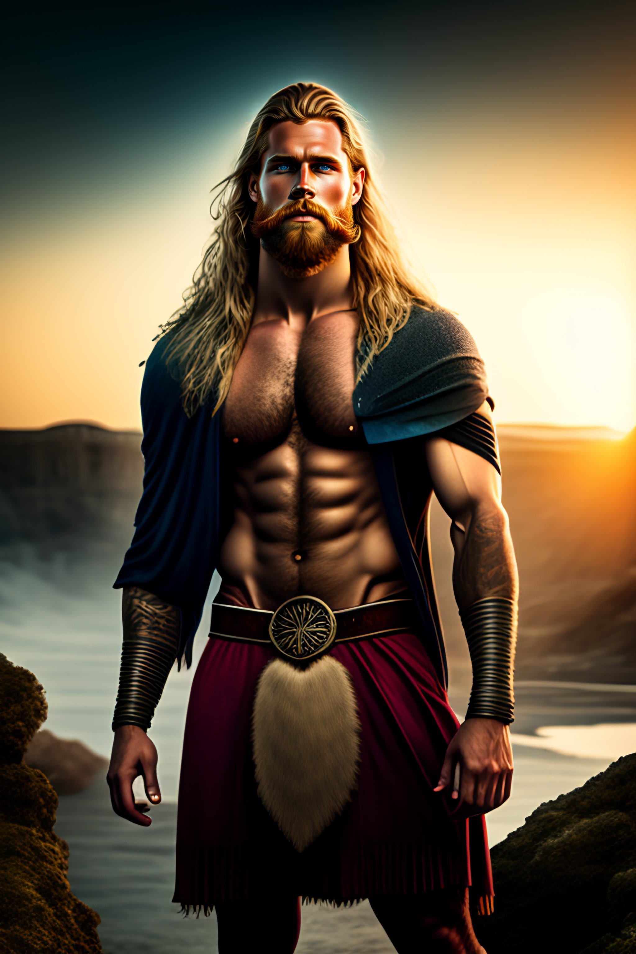 Lexica - Handsome viking hunk, blond, long hair, beard, looking at ...