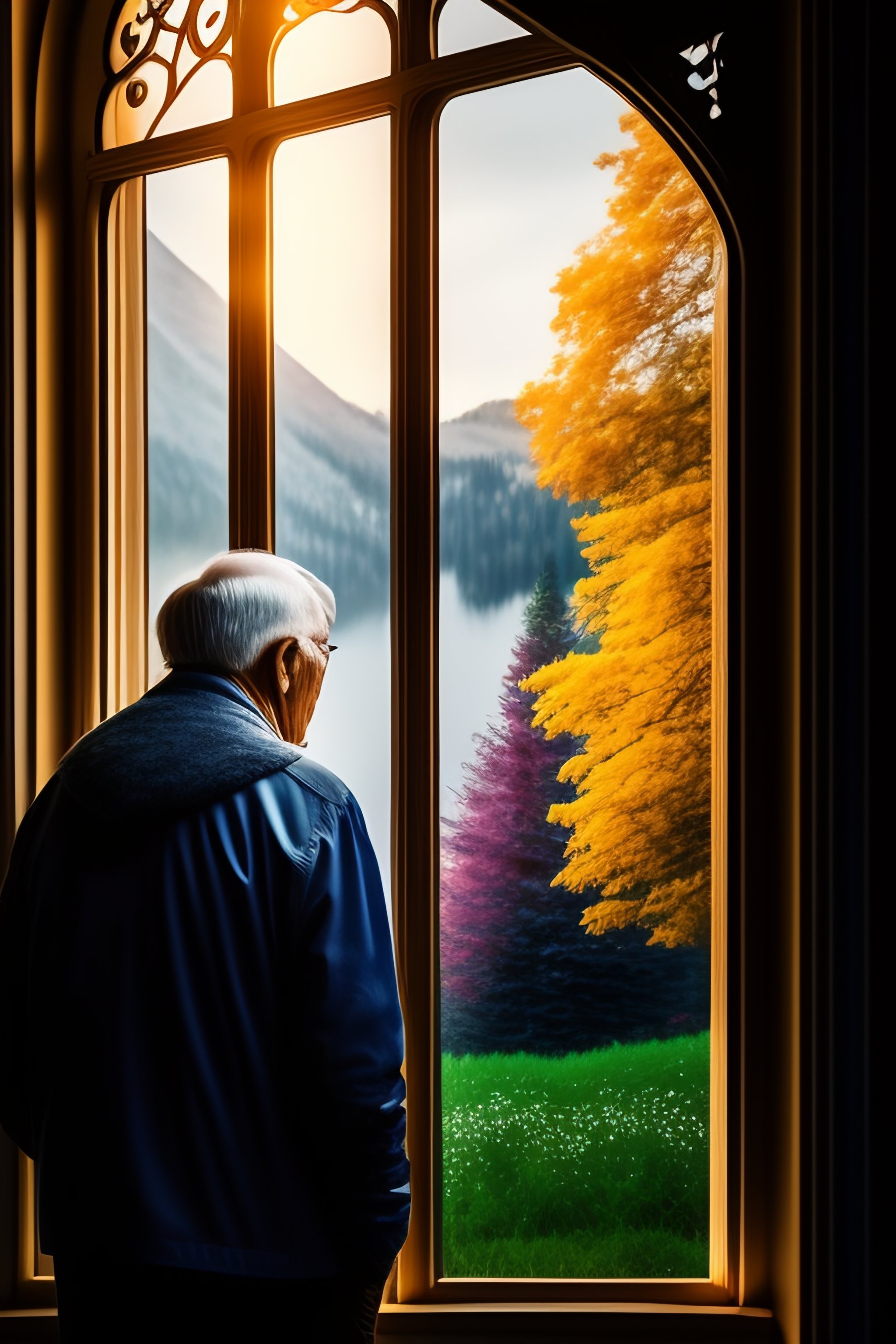 Lexica - An old man gazing out of a stained glass window