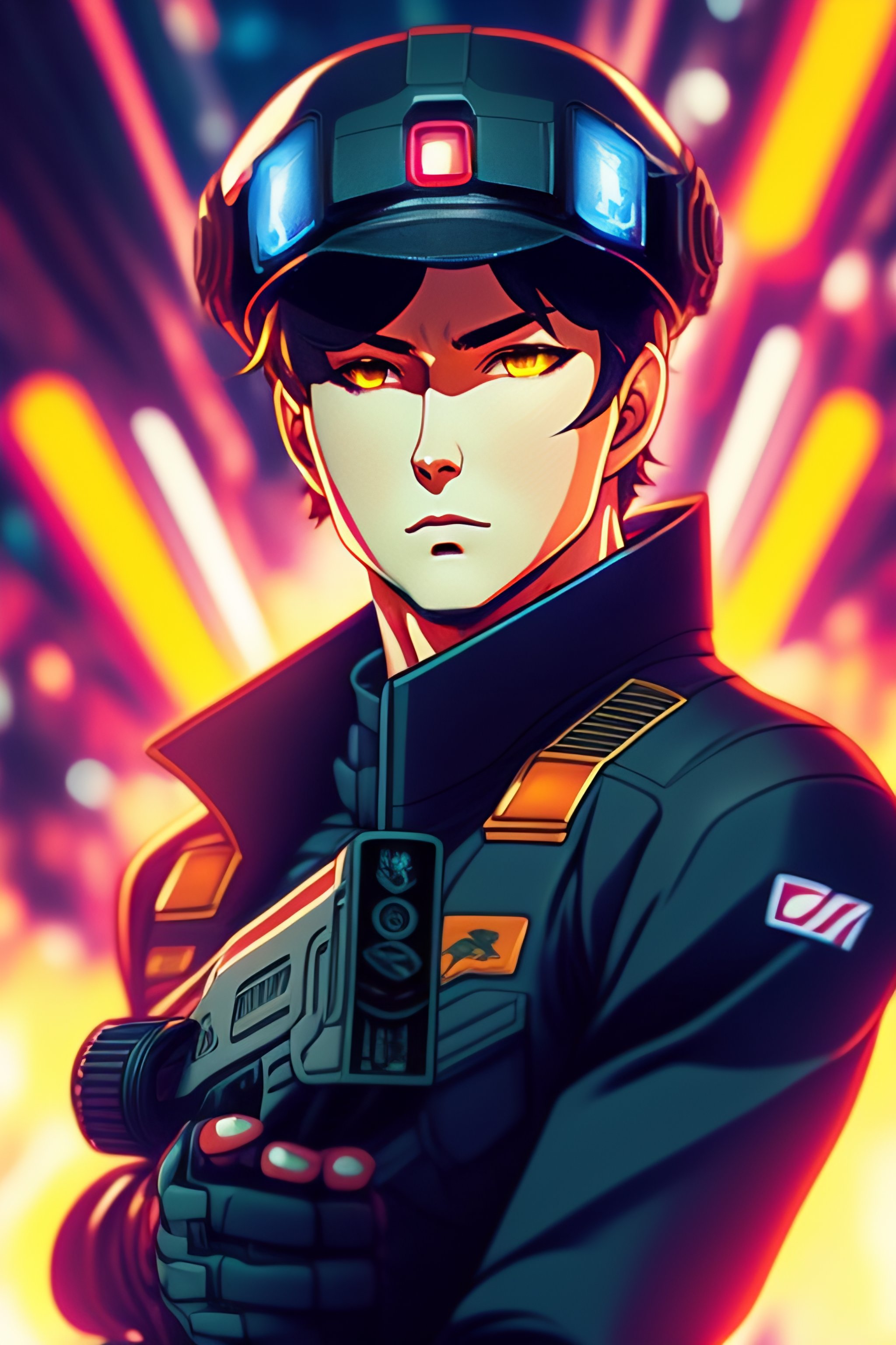 Lexica - Portrait of a mecha man holding a laser handgun, anime style