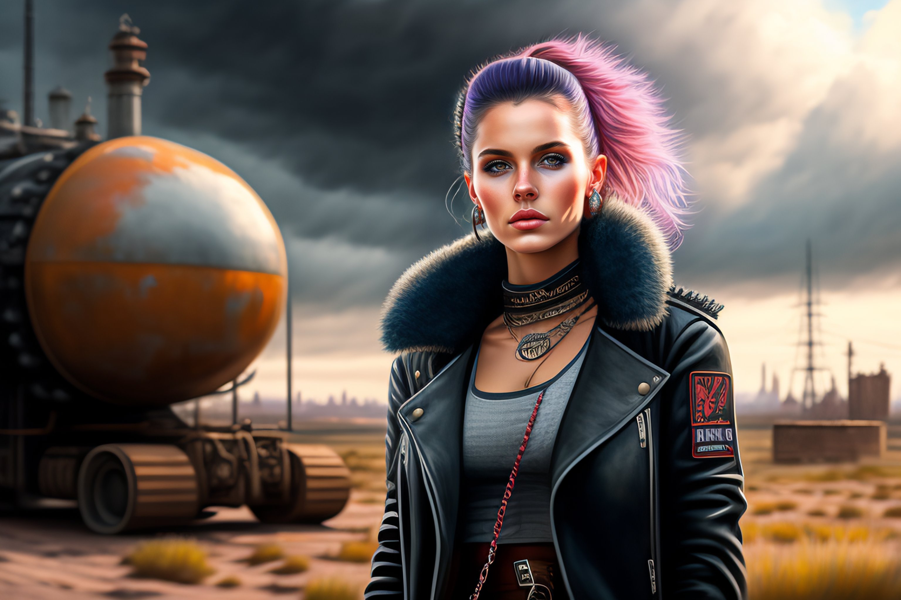 Lexica - Cute punk rock girl, mad max jacket, renaissance, cables on ...