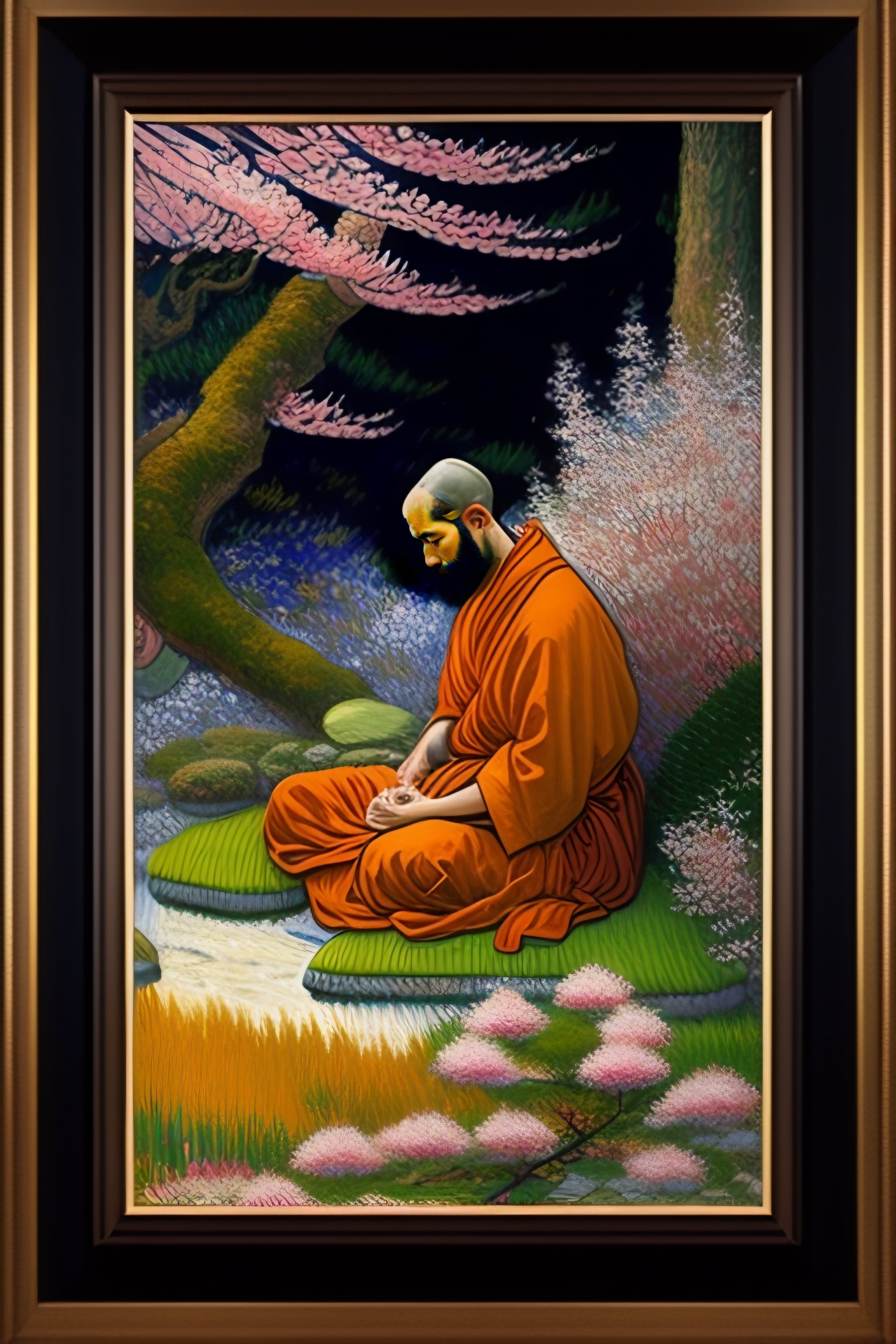 Lexica - Sketch of a monk meditating in a japanese garden with cherry ...