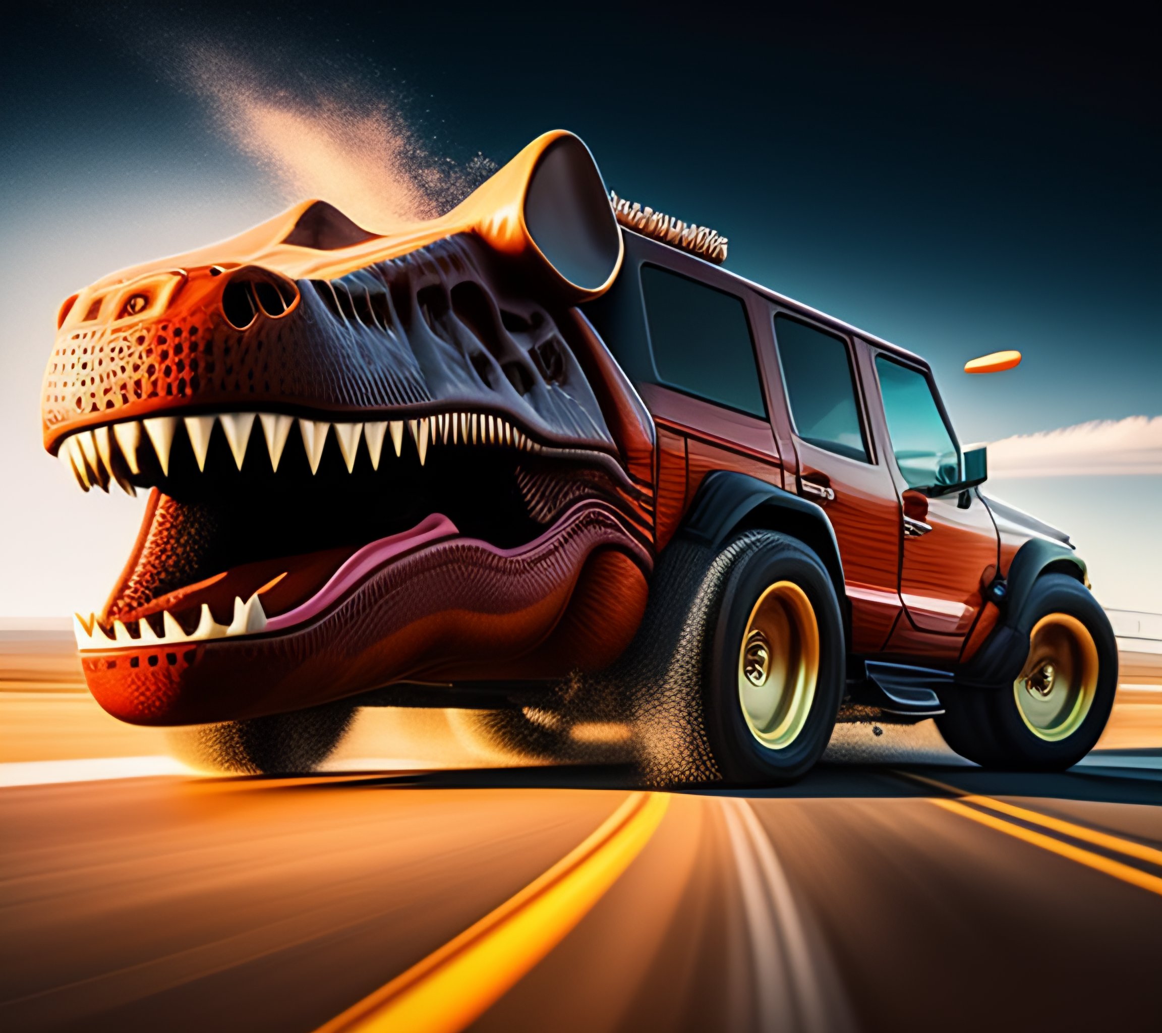Lexica - T-rex biting a car