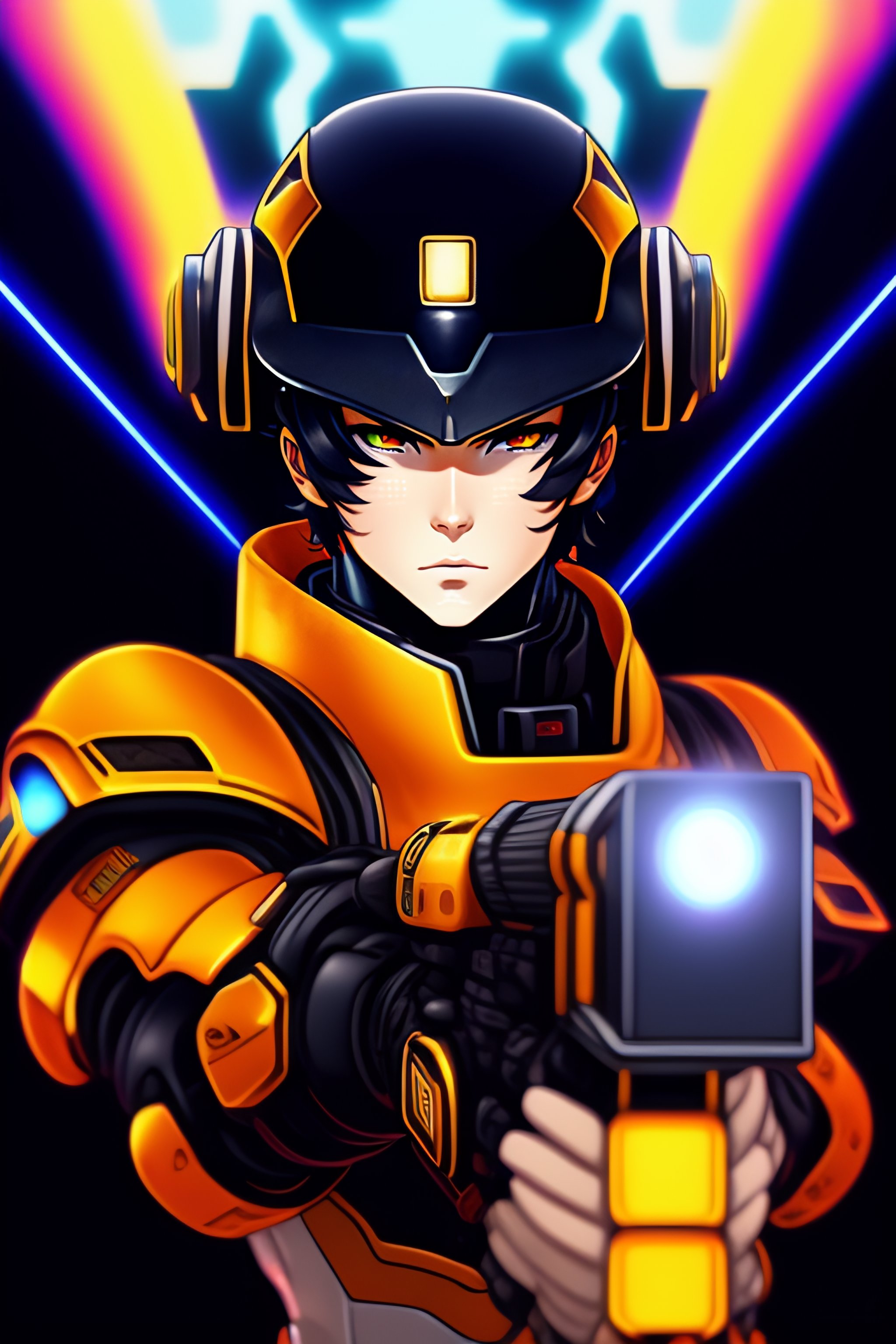 Lexica - Portrait of a mecha man holding a laser handgun, anime style