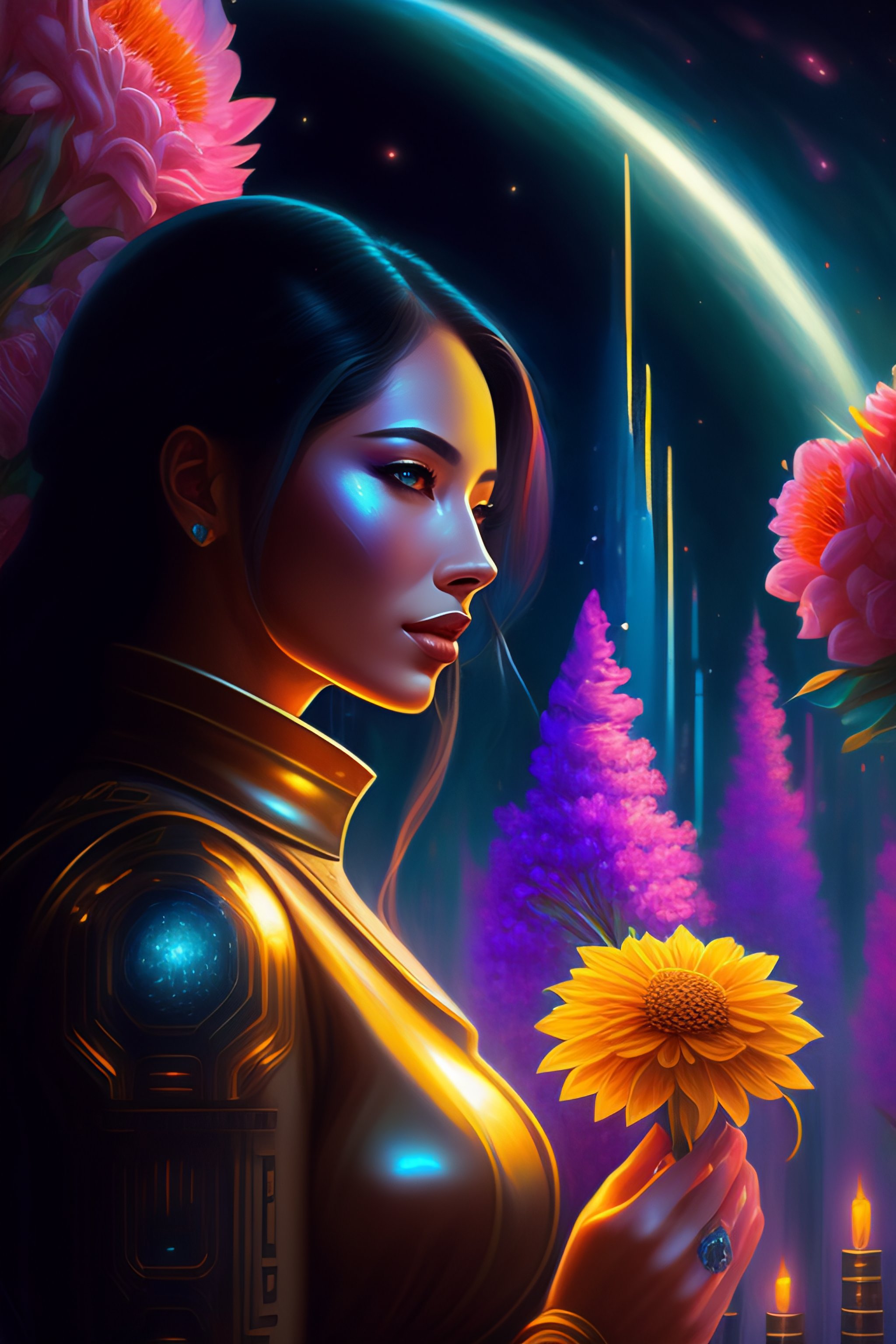 Lexica - An android man gives a bouquet of flowers to a beautiful human ...