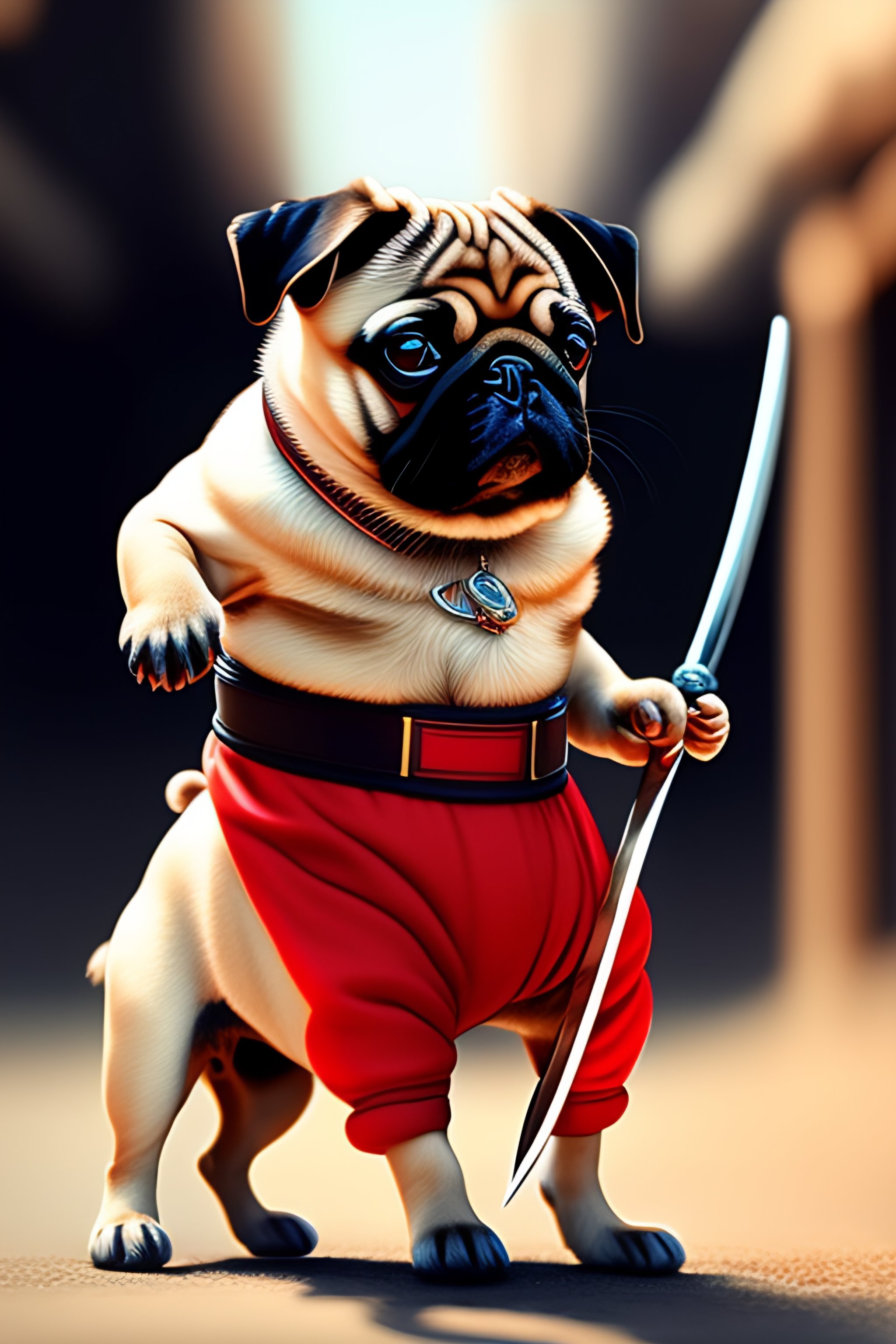 Lexica - Pug standing on two legs wielding a massive sword. akira style.
