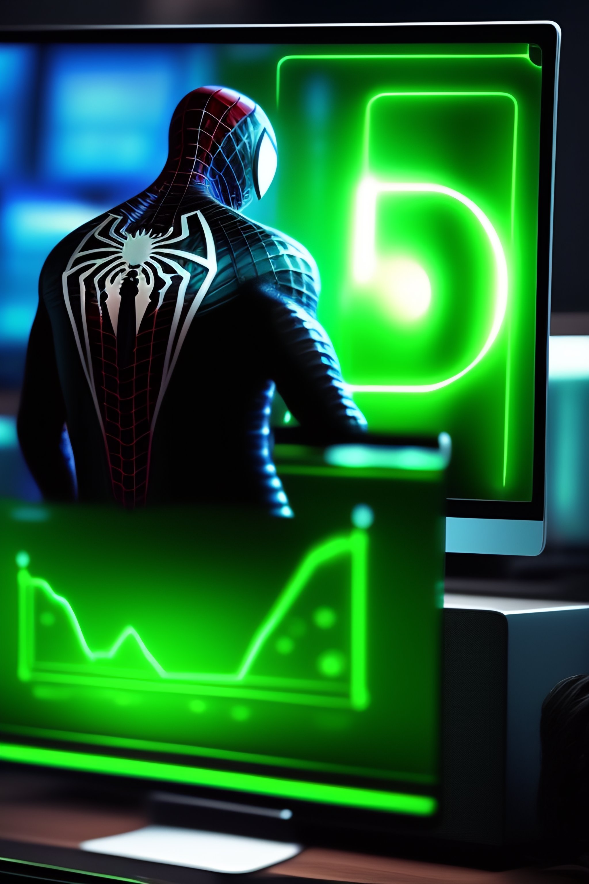Lexica - Digital art of Spiderman’s back at a computer displaying green ...