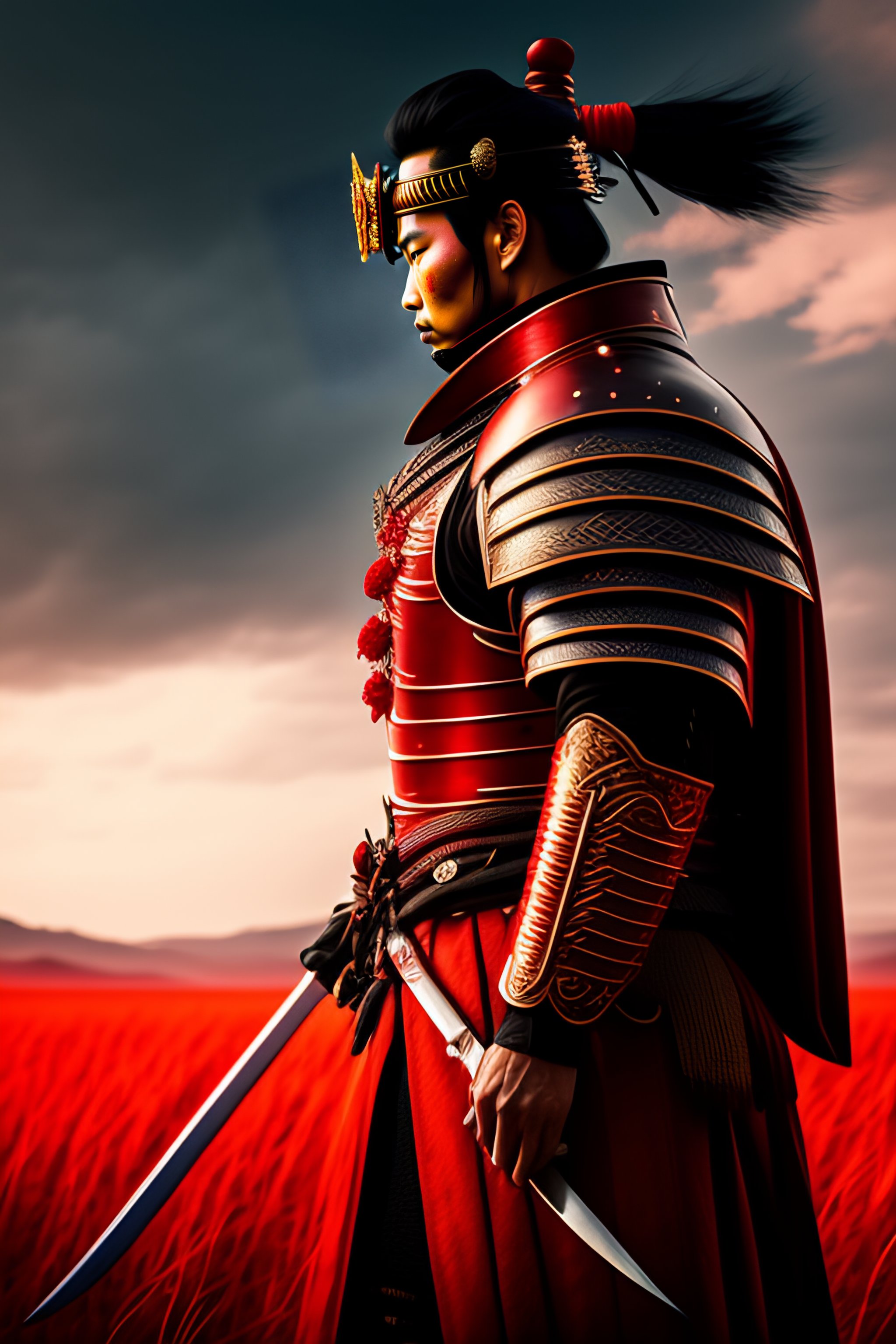 Lexica - Samurai Standing in Field, Red Blade, Final stand