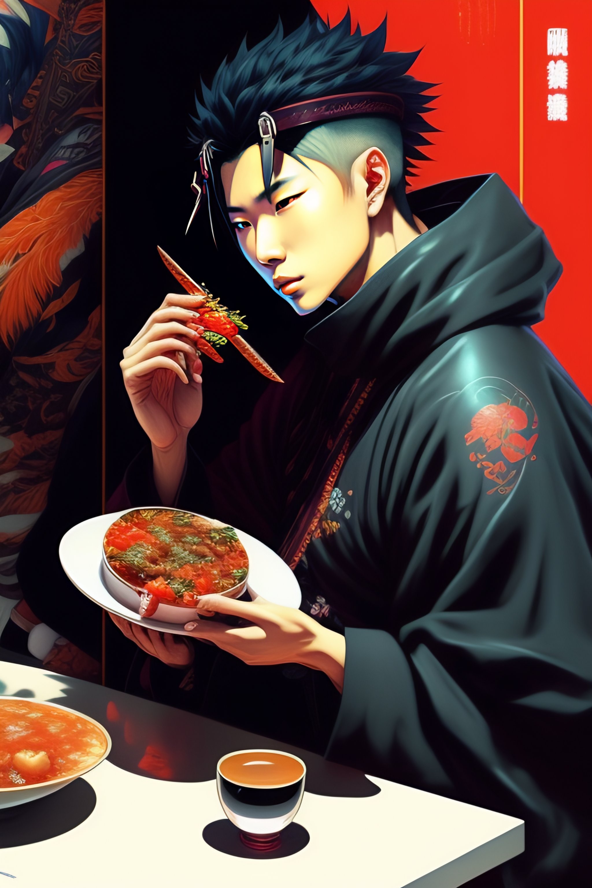 Lexica - A beautiful ukiyo painting of cyberpunk ninja eating chicken ...