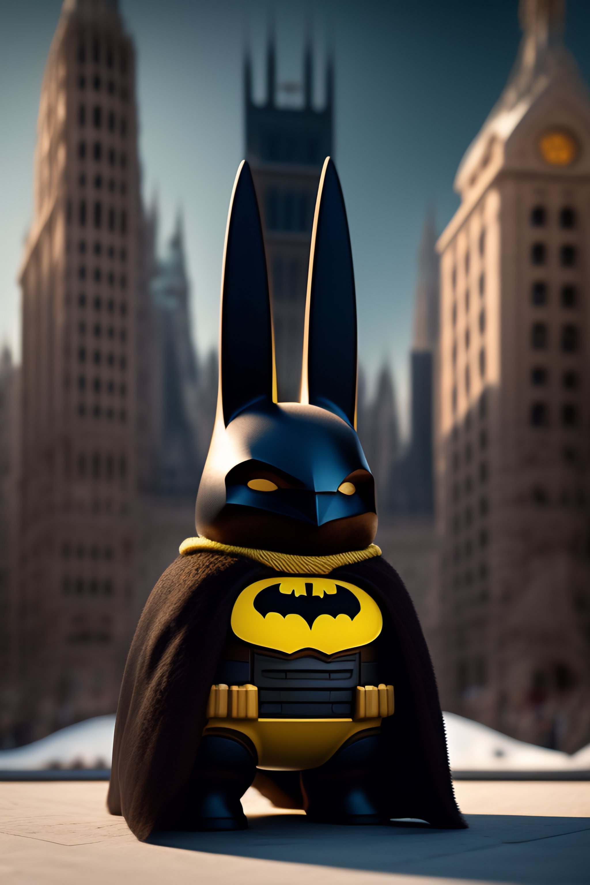 Lexica - Soft batman Bunny robot working ona city gothic,