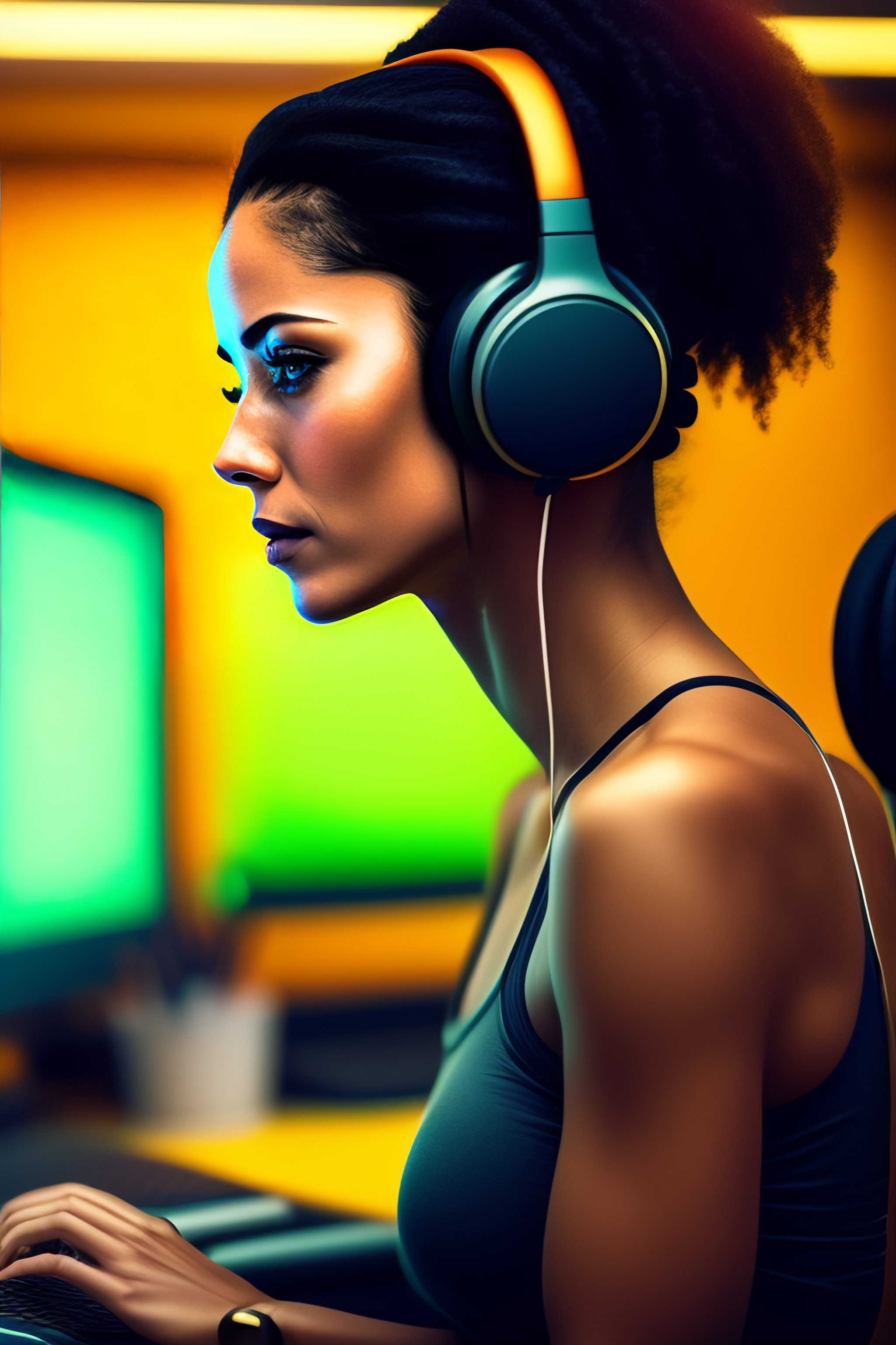 Lexica - Generate an image of a female hacker in a tanktop at a ...