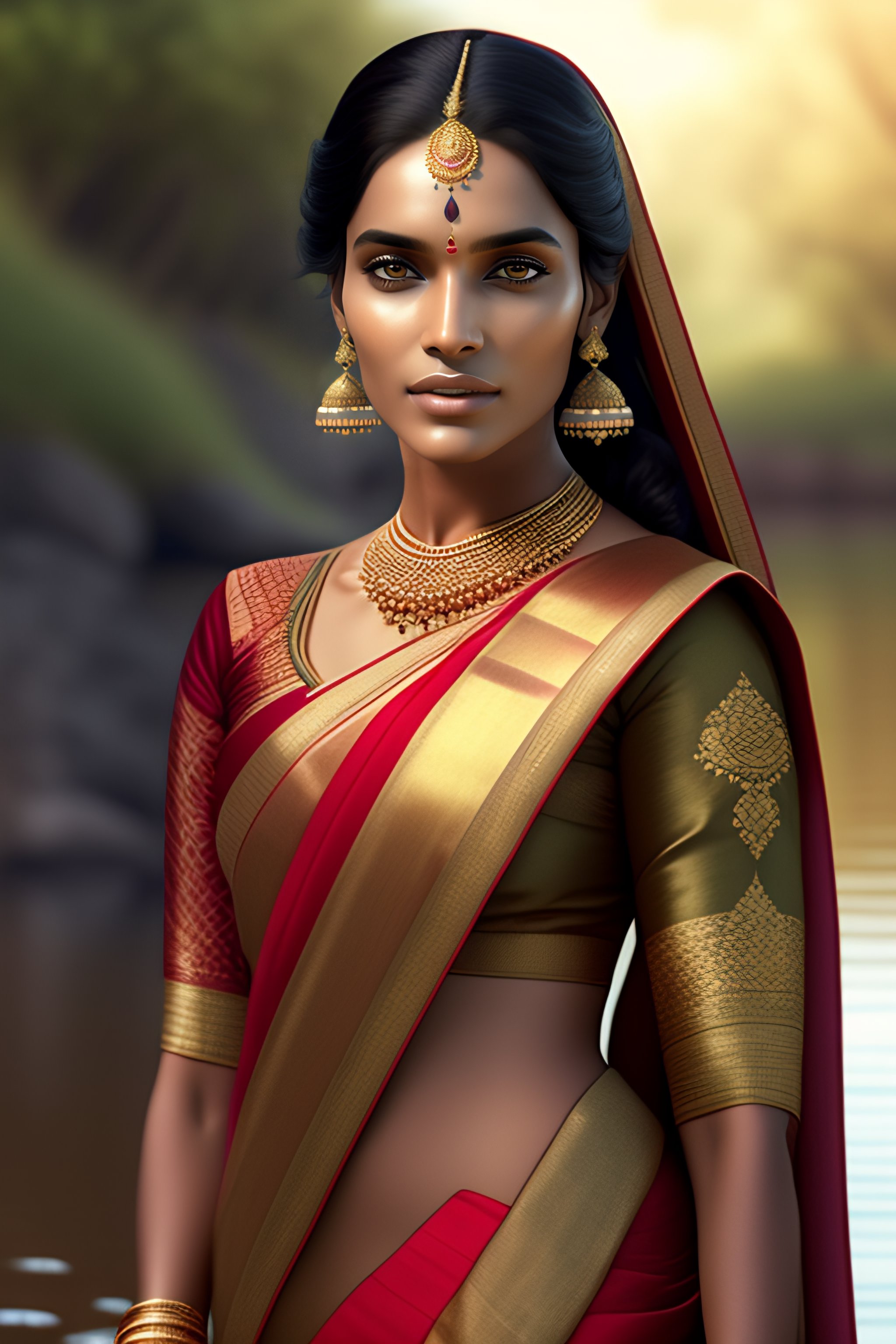 Lexica - Portrait of 1 pure young India woman, standing by a river in ...