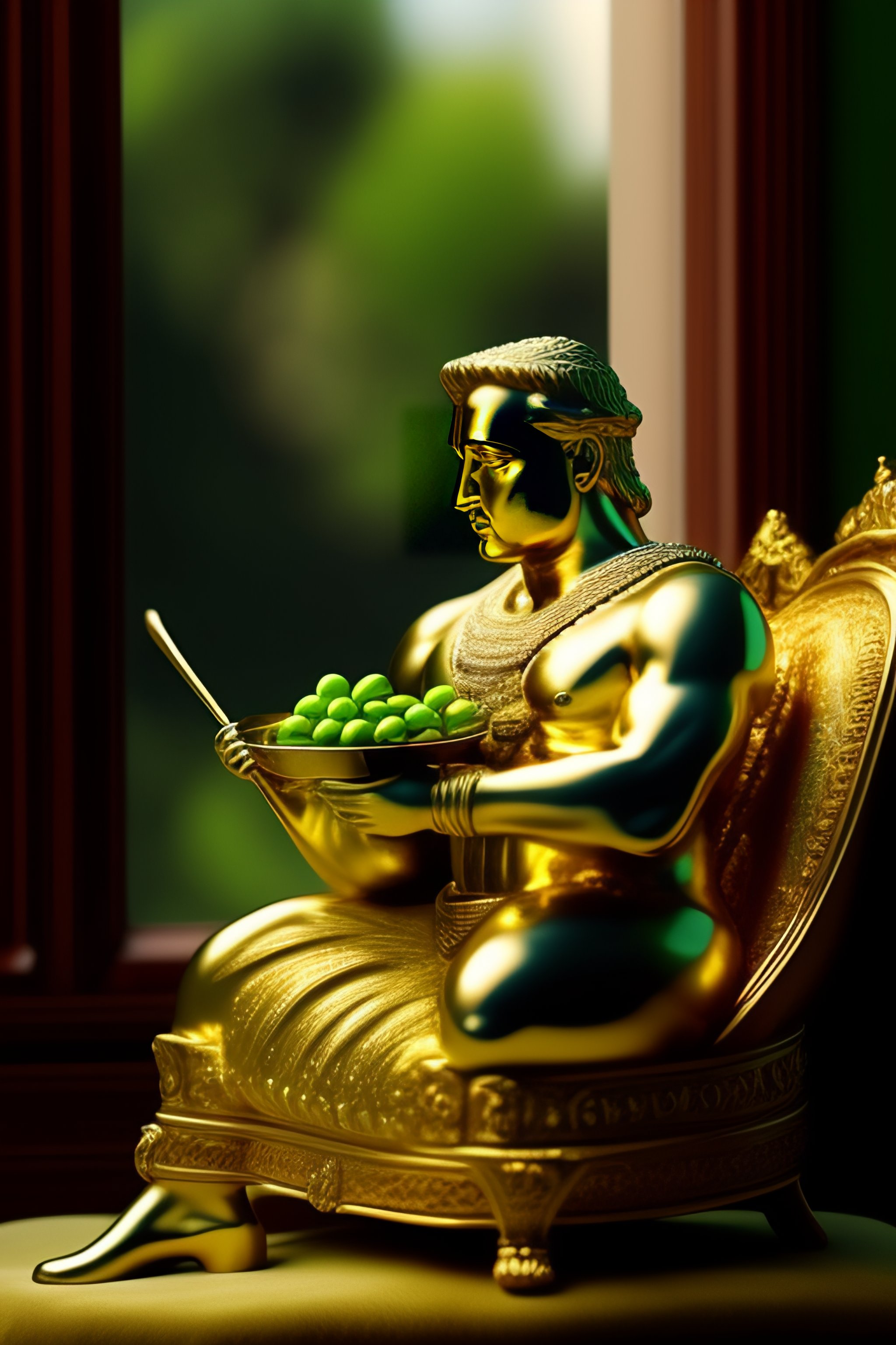 Lexica - The silver man eating green olives sits on the golden couch.