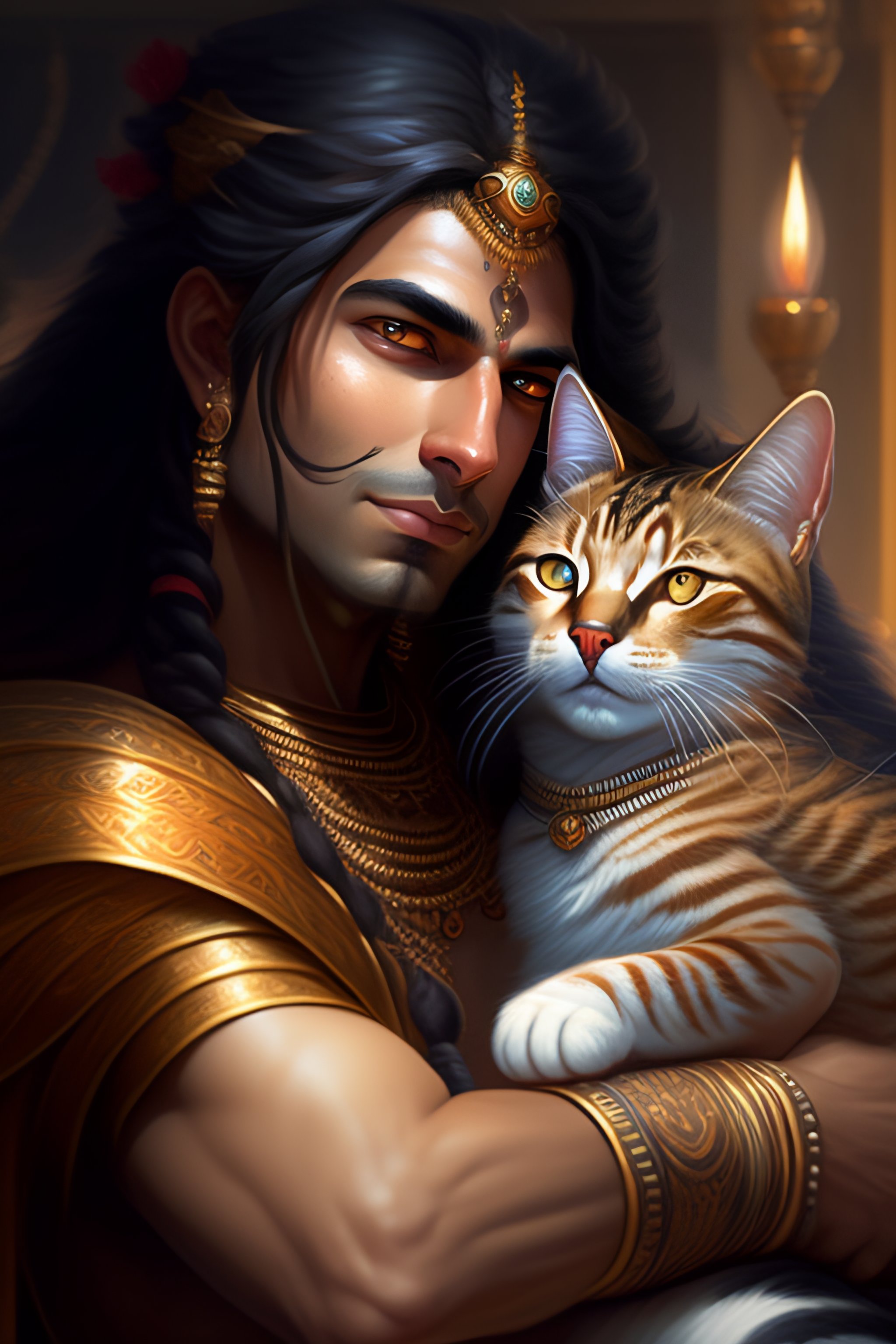 Lexica - A detailed portrait of lord shiva hugging a tabby cat ...