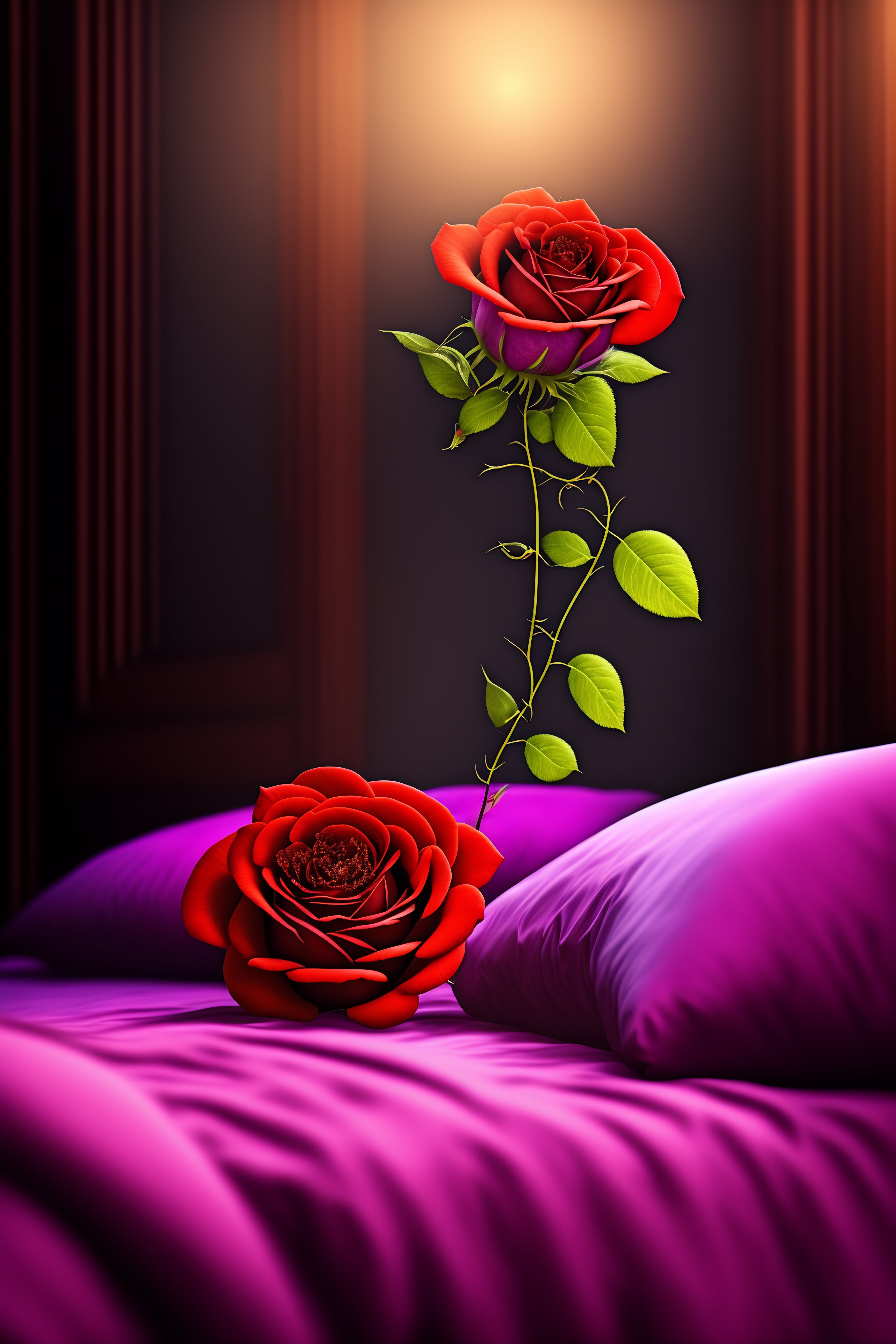 Lexica - Handcuffs and roses on a bed in the middle in a huge room ...