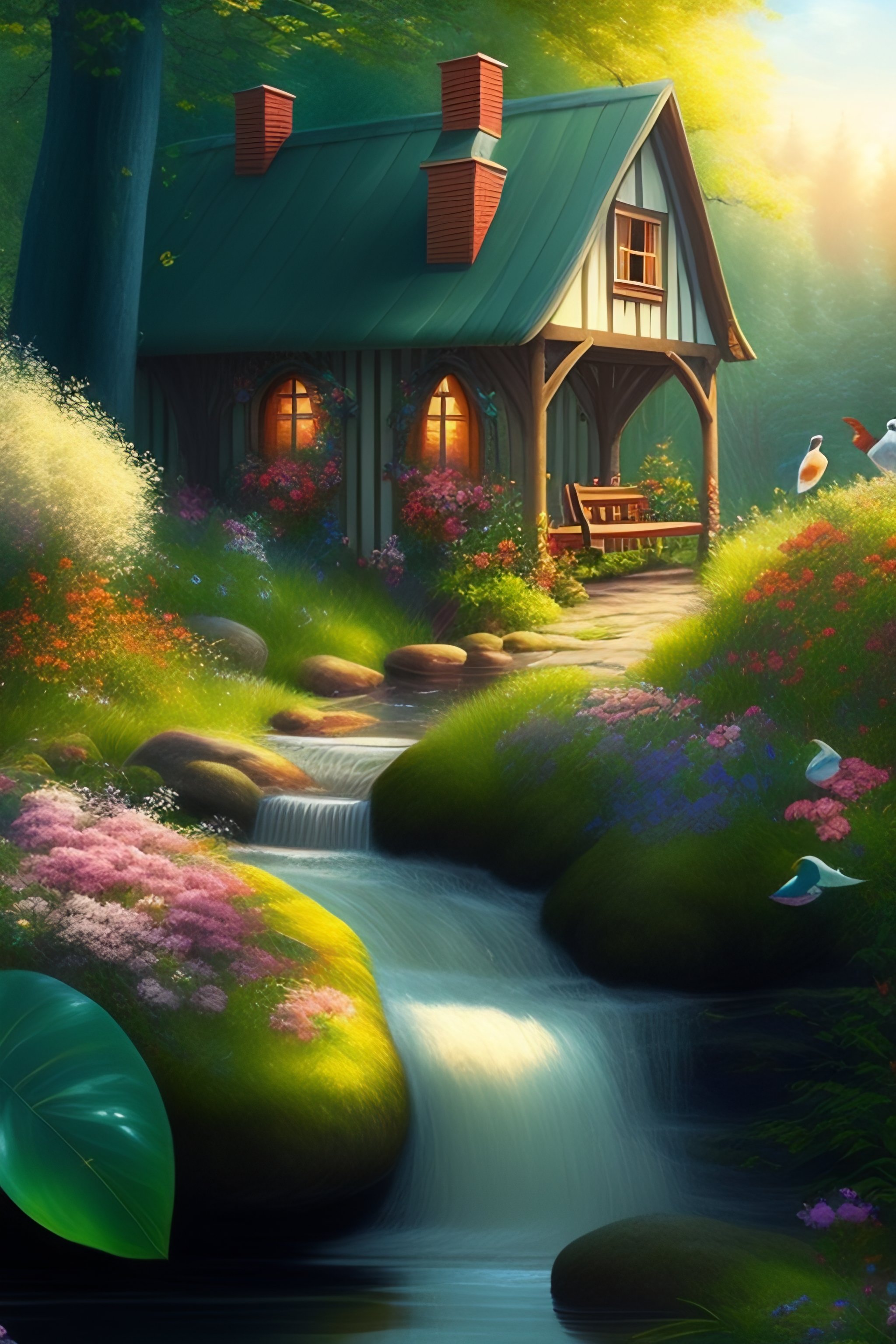 Lexica - House, forest, flowers, stream, fairies, wood, trees, bench ...