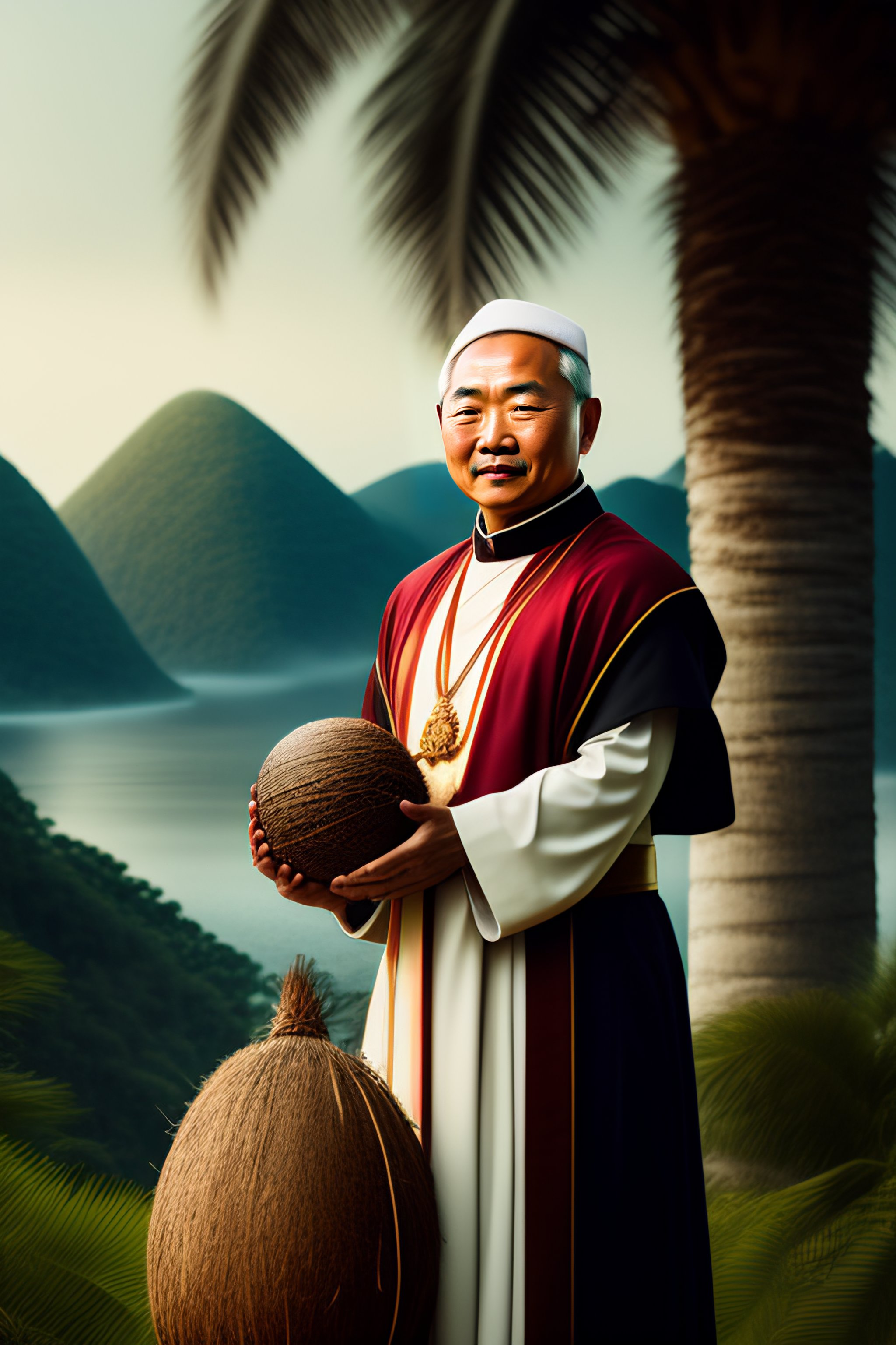 Lexica - Portrait of an Asian priest with a coconut in front of a palm tree