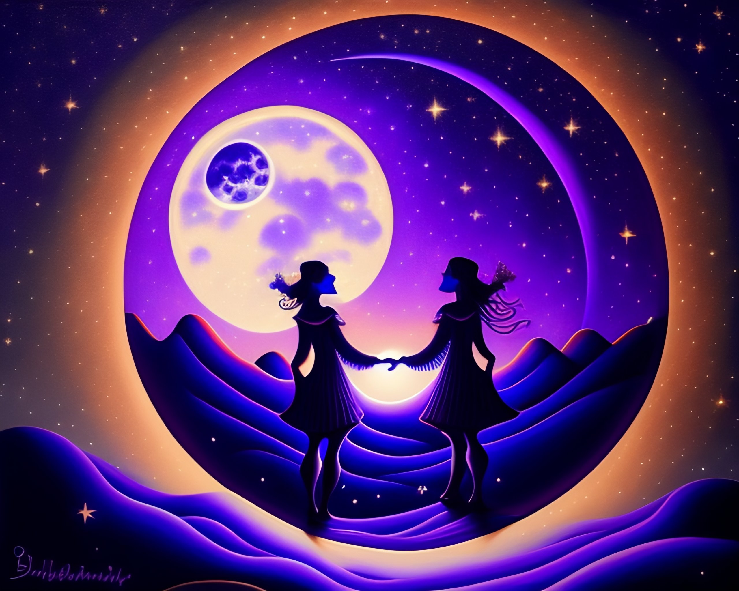 Lexica - Painting of two elves, one tall, one small, silhouetted ...