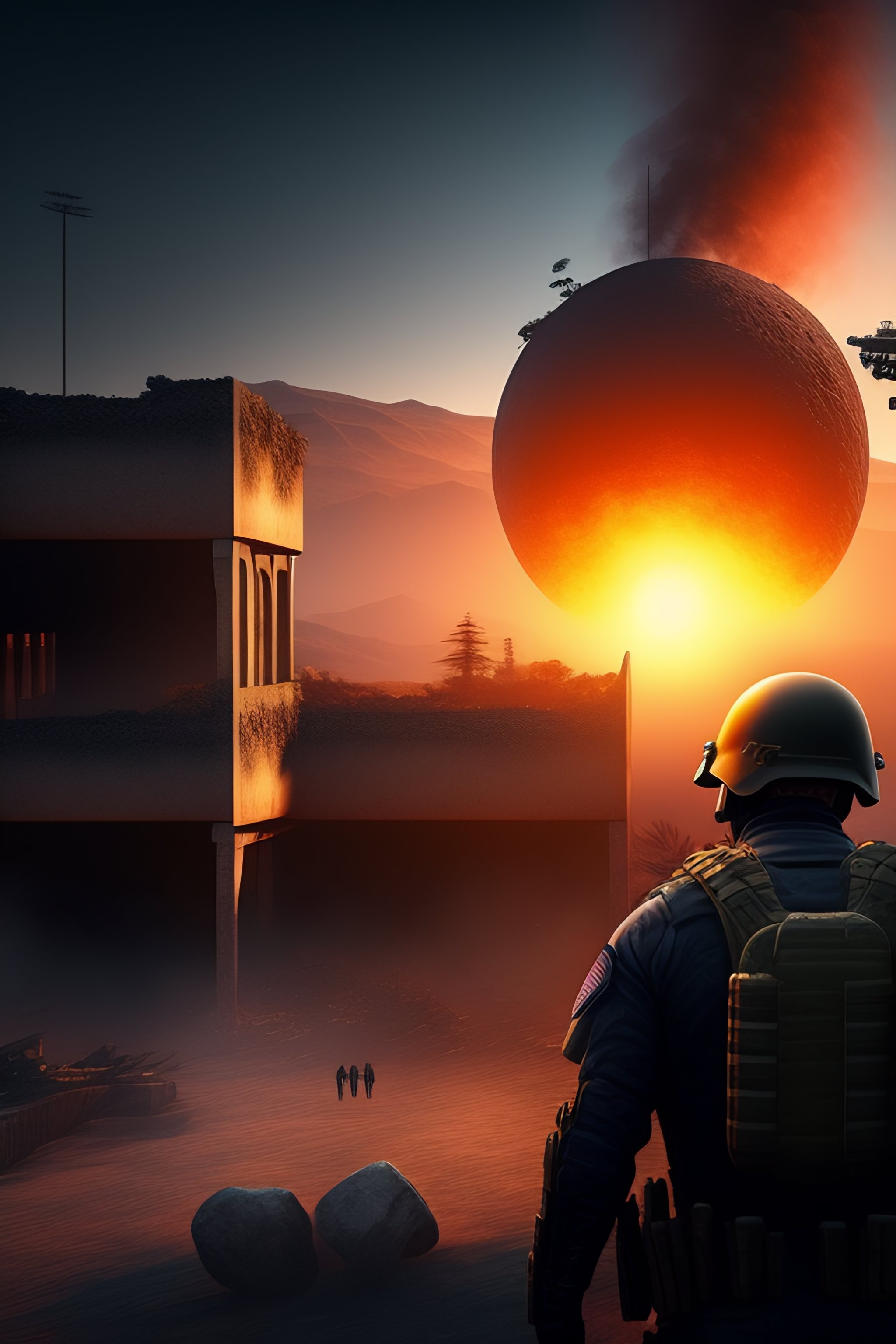 Lexica - Real swat, over ruins, smoke, sunrise, weapon