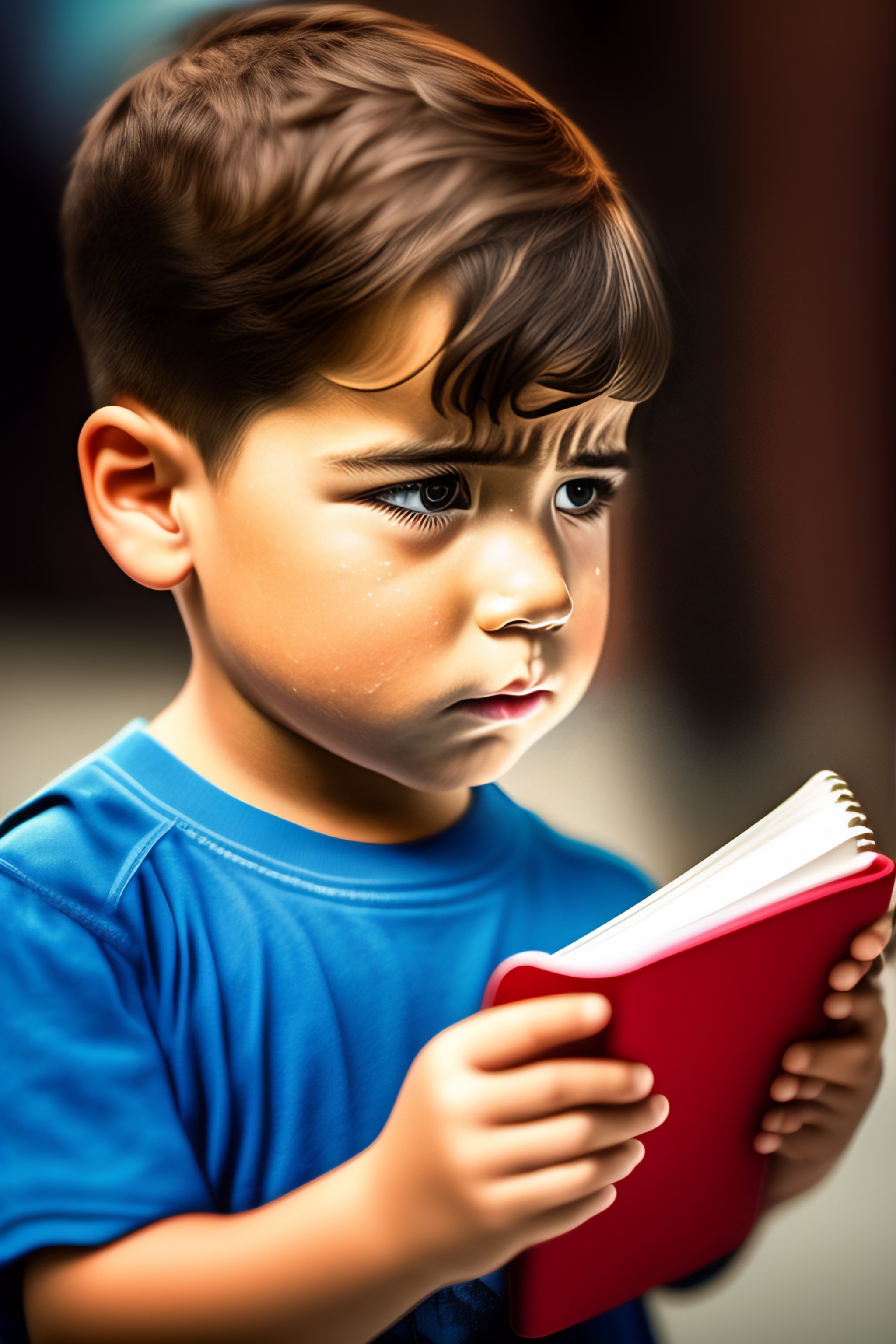 Lexica - A child holding a notebook with tears in his eyes