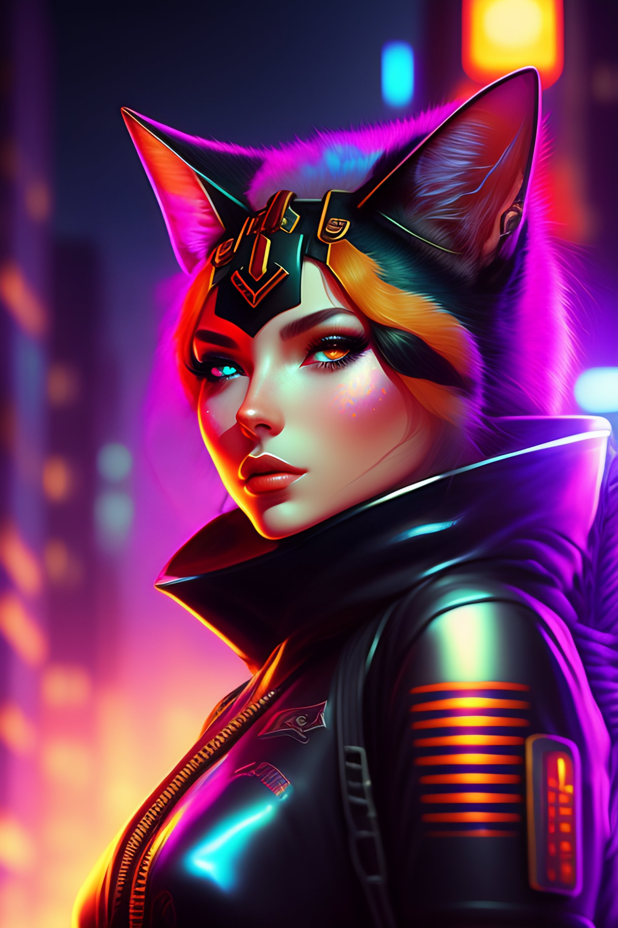 Lexica - Portrait of a Cute Cyberpunk Cat Girl in a Retro Future ...