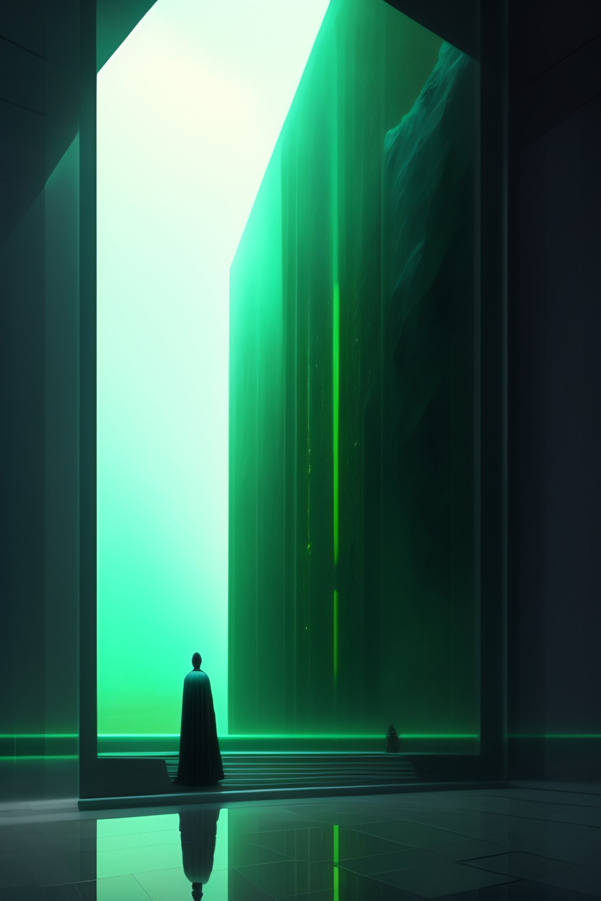 Lexica - A green shiny monolith of glass in a vast starwars styled room ...