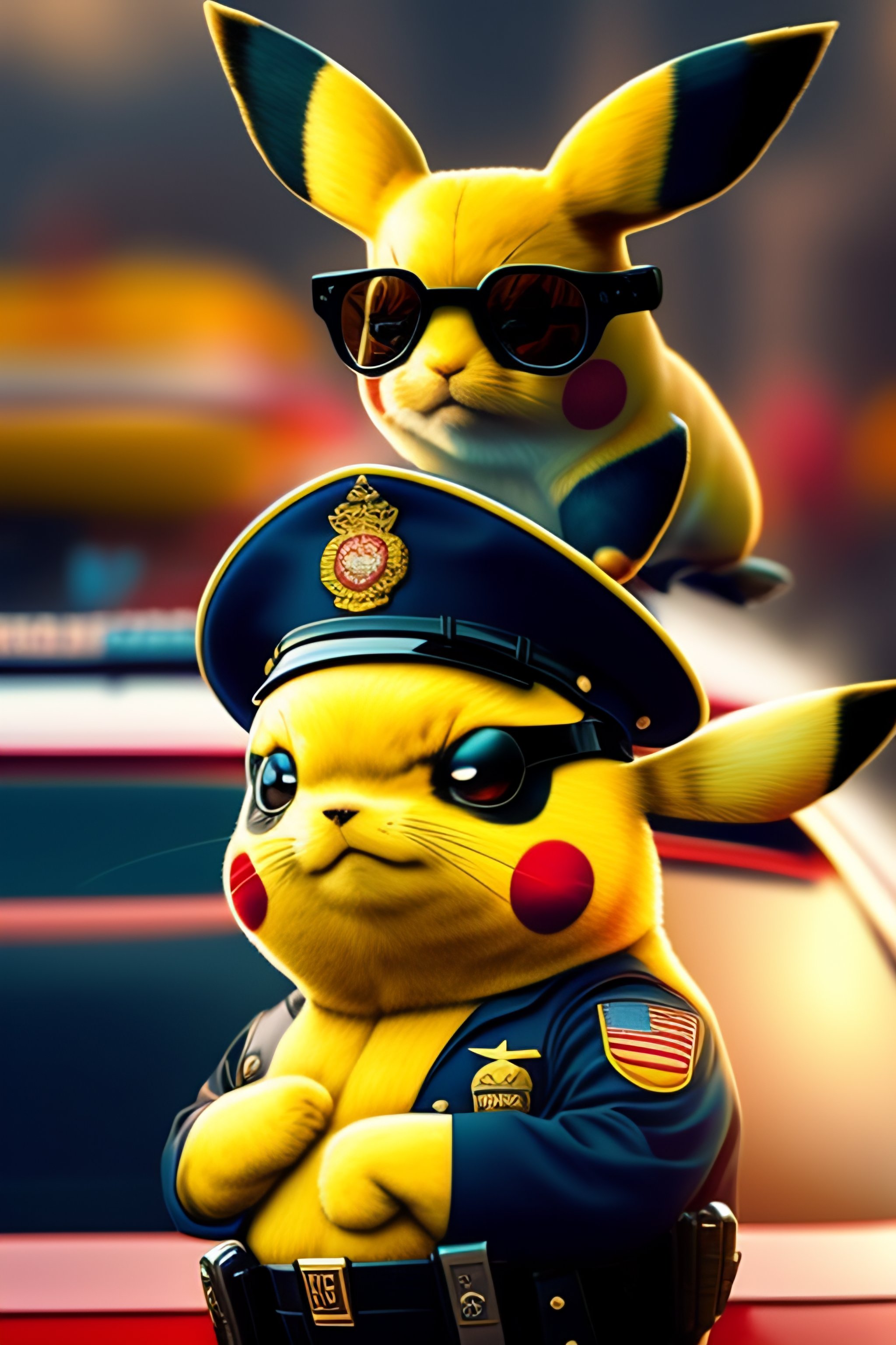 Lexica - Pikachu as an american cop , big sunglasses and a cop car in ...