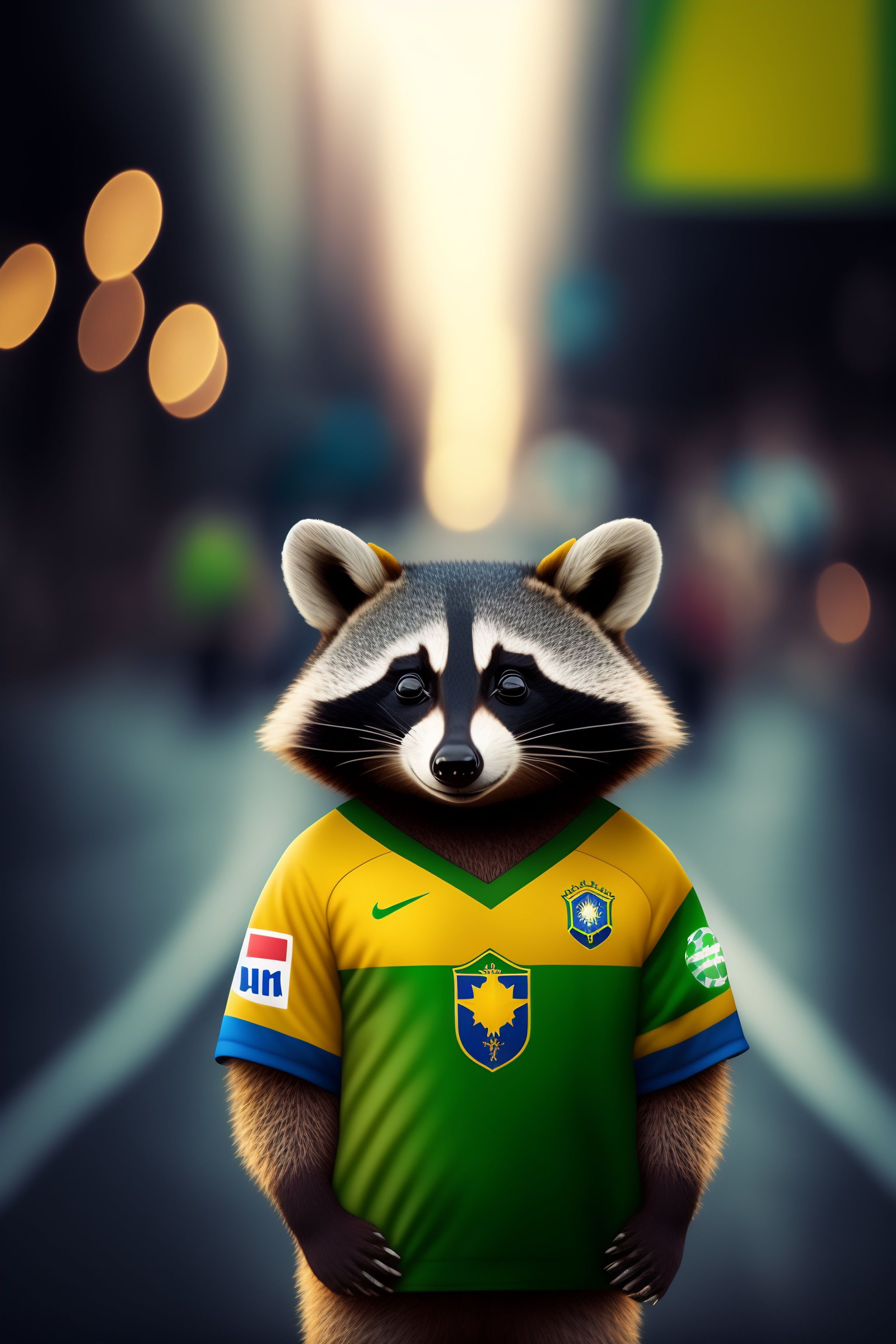 Lexica - Cute raccoon traveling in the city, with a smile, wearing a ...