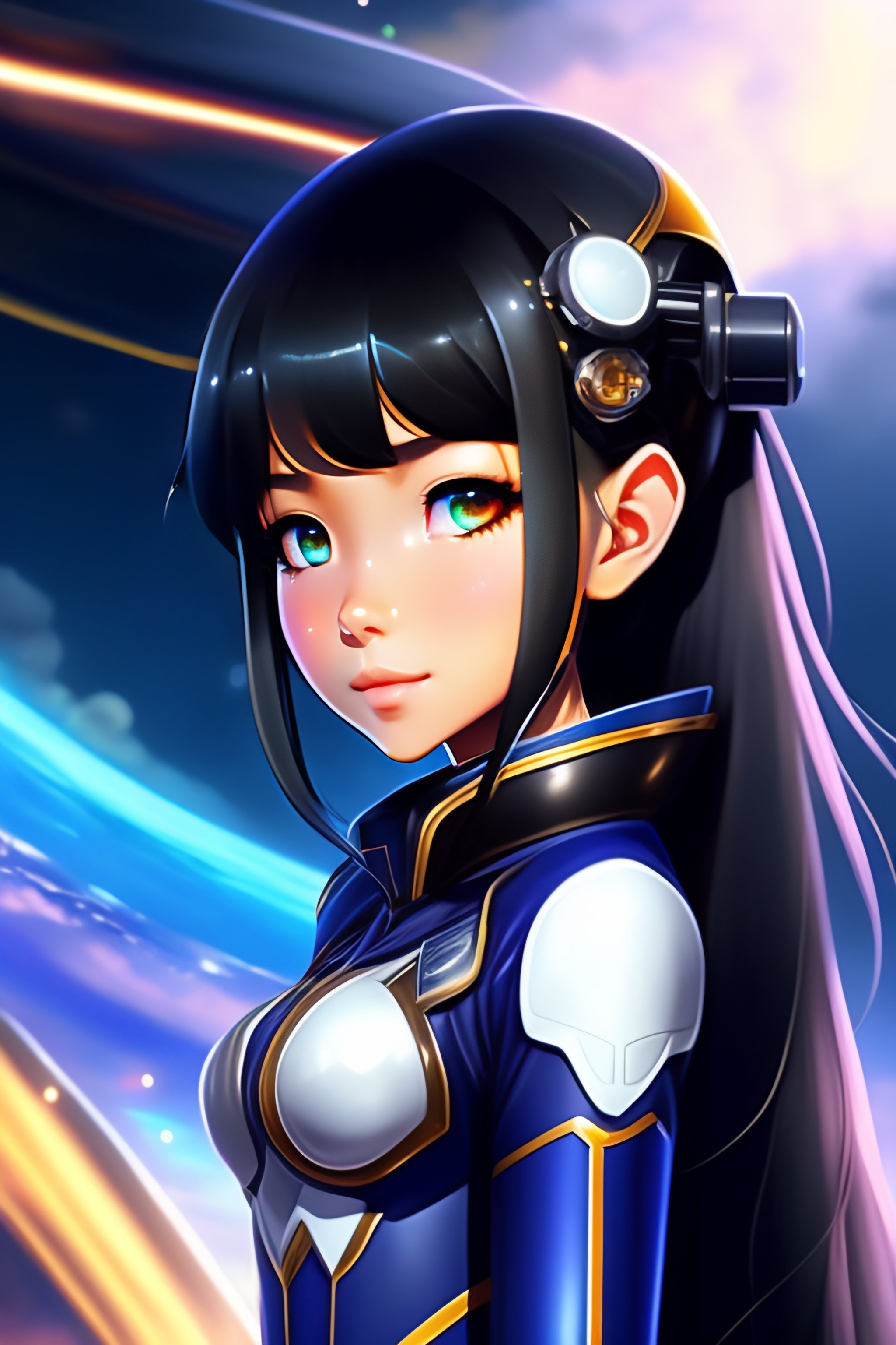 Lexica - Black and blue mecha, 11-year-old girl, elf ears, black hair ...
